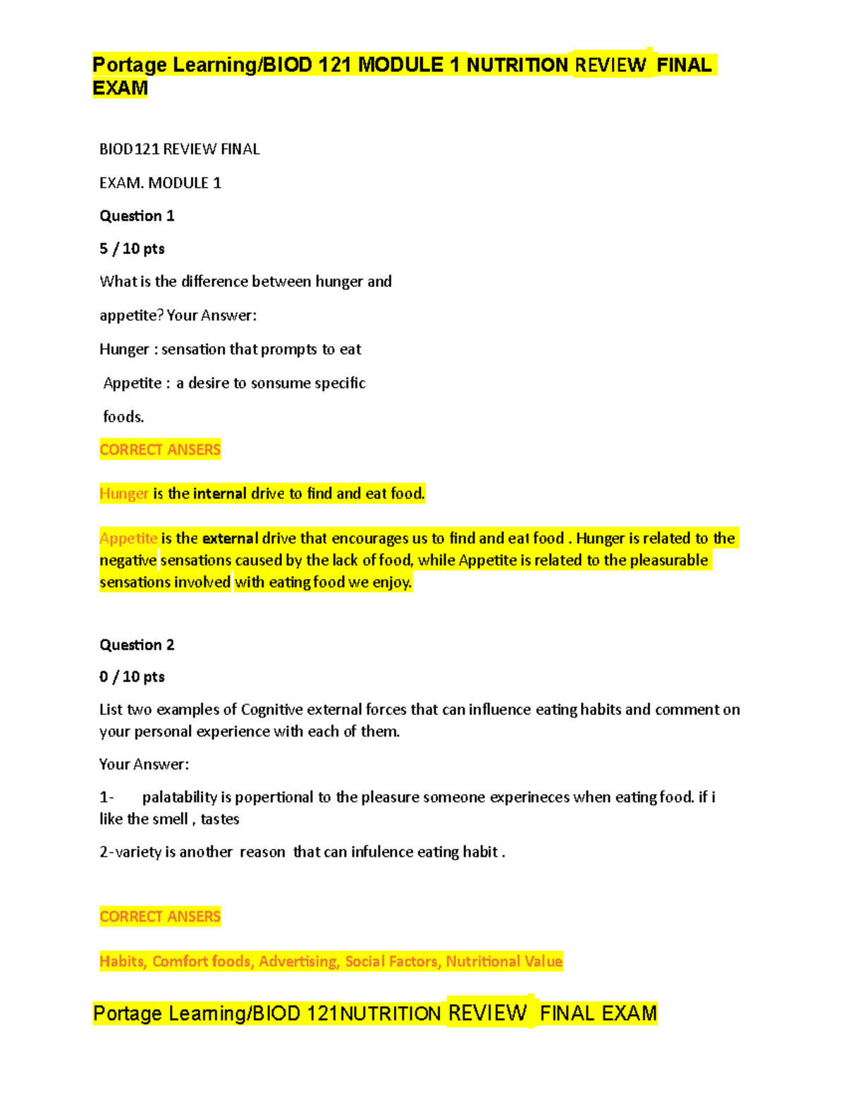 Nuteition Final EXAM - EXAM BIOD121 REVIEW FINAL EXAM. MODULE 1 ...
