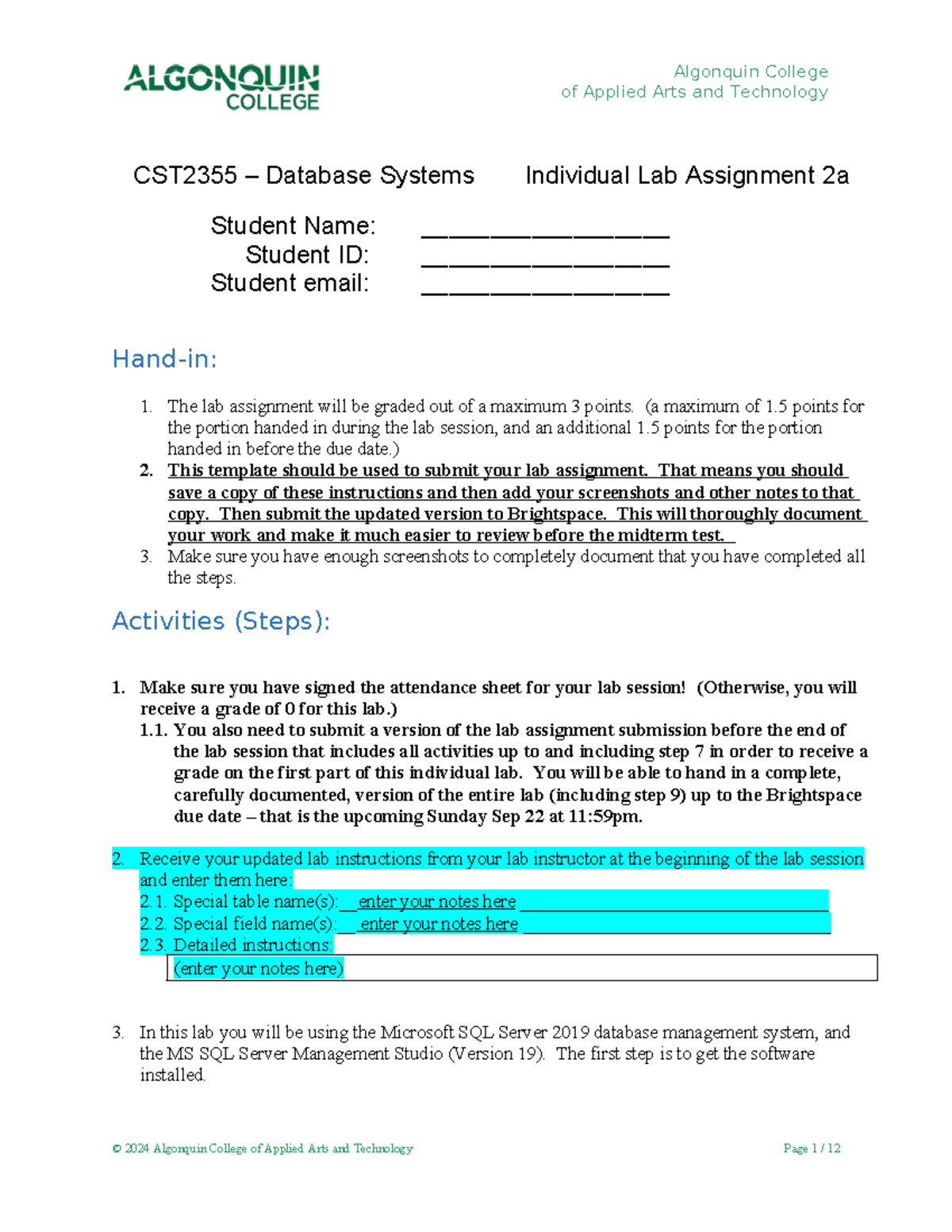 CST2355-Lab02a-F24 - MS SQL Server Management Studio - of Applied Arts and Technology CST2355 ...
