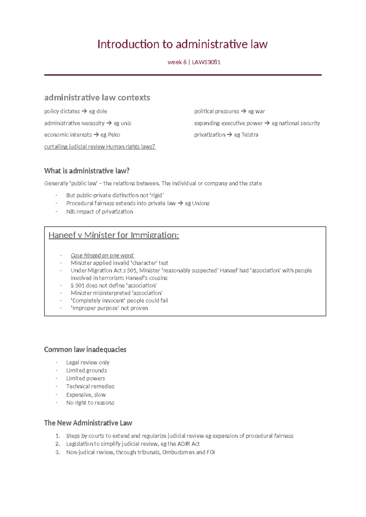Intro w1 - nootes - Introduction to administrative law week 6 | LAWS ...