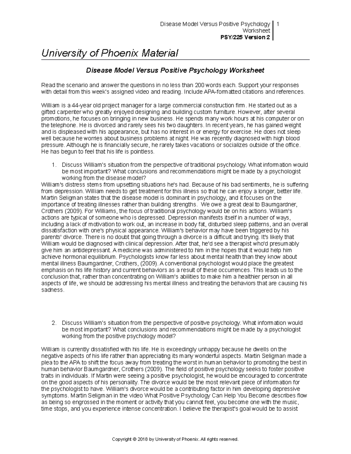 Psy225 v2 disease worksheet - Disease Model Versus Positive Psychology ...