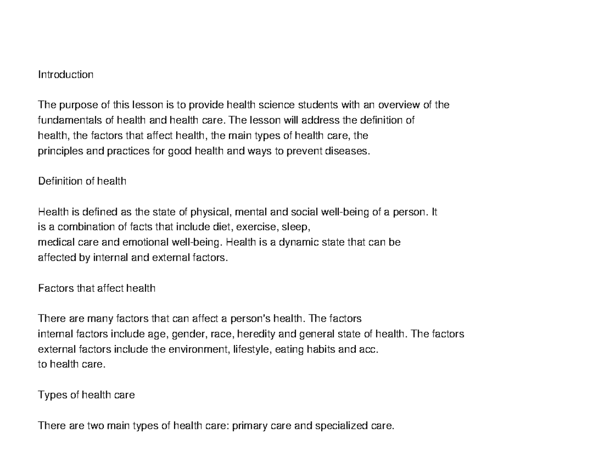 English Health Science Study notes - Introduction The purpose of this ...