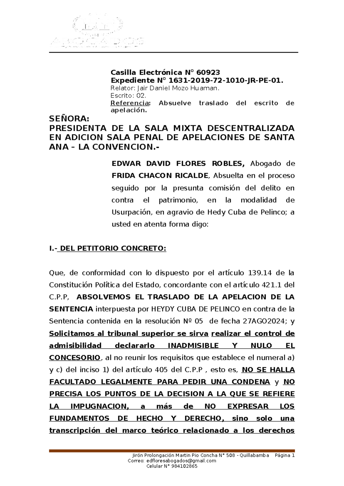 Absuelve Apelacion DE Sentencia Absolutoria - A B O G A D O S Asesores ...