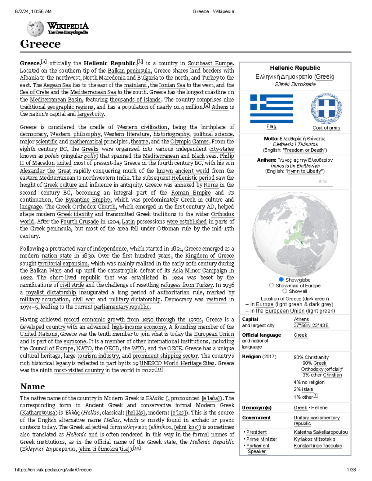 Greece - Wikipedia - Summary Health Assessment - Hellenic Republic ...