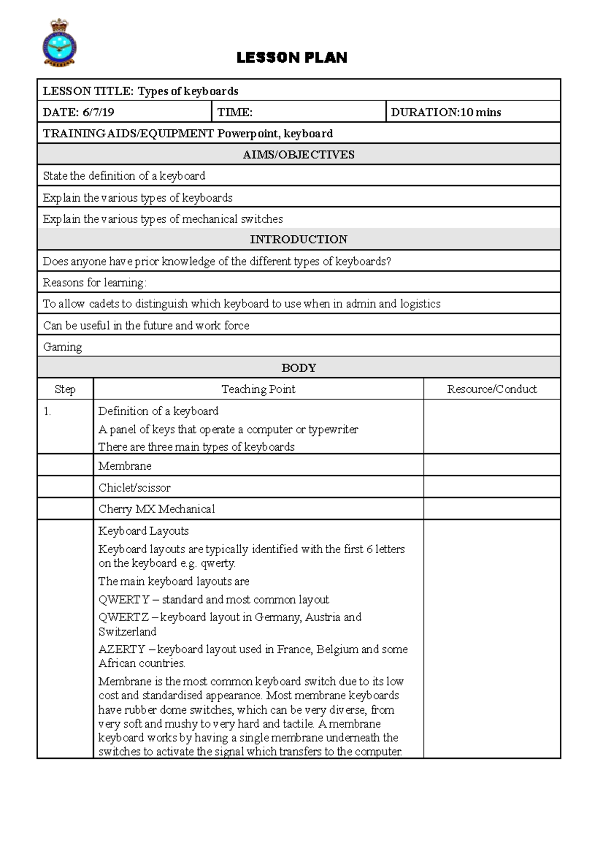Lesson PLAN keyboard - LESSON TITLE: Types of keyboards DATE: 6/7/19 ...