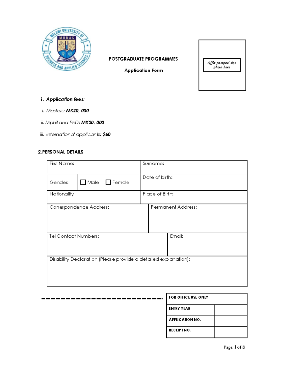 Mubas Postgraduate Programs Application FORM - Page 1 of 8 Affix ...