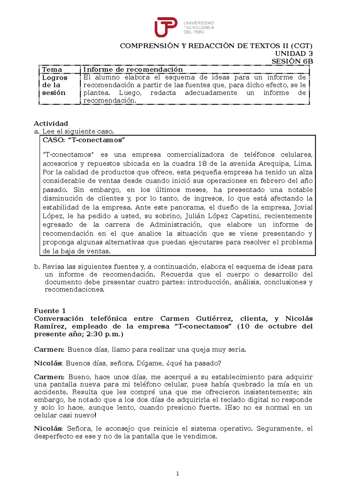 U3 S6 Informe de recomendación (T-conectamos) - COMPRENSIÓN Y REDACCIÓN DE TEXTOS II (CGT ...