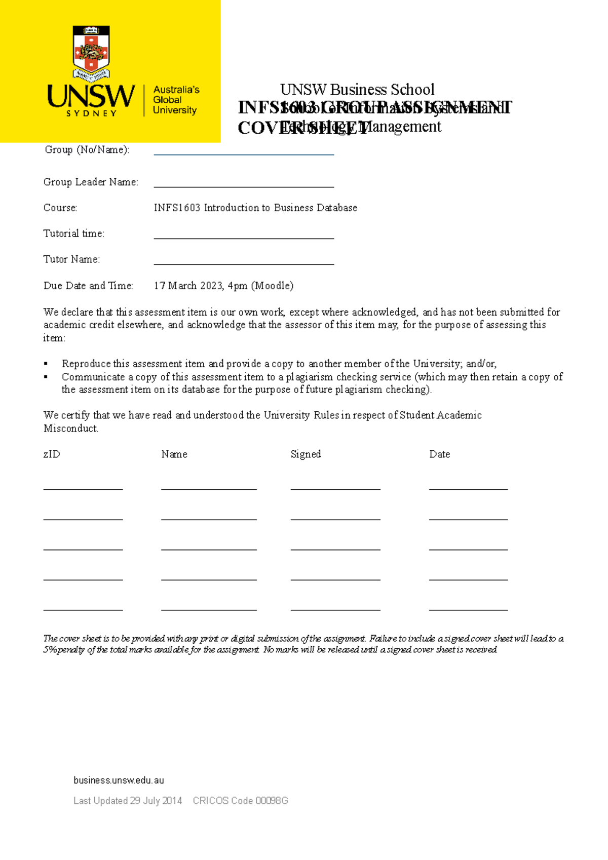INFS1603 T1 2023 Group Assignment Part A Cover Sheet - Group (No/Name ...