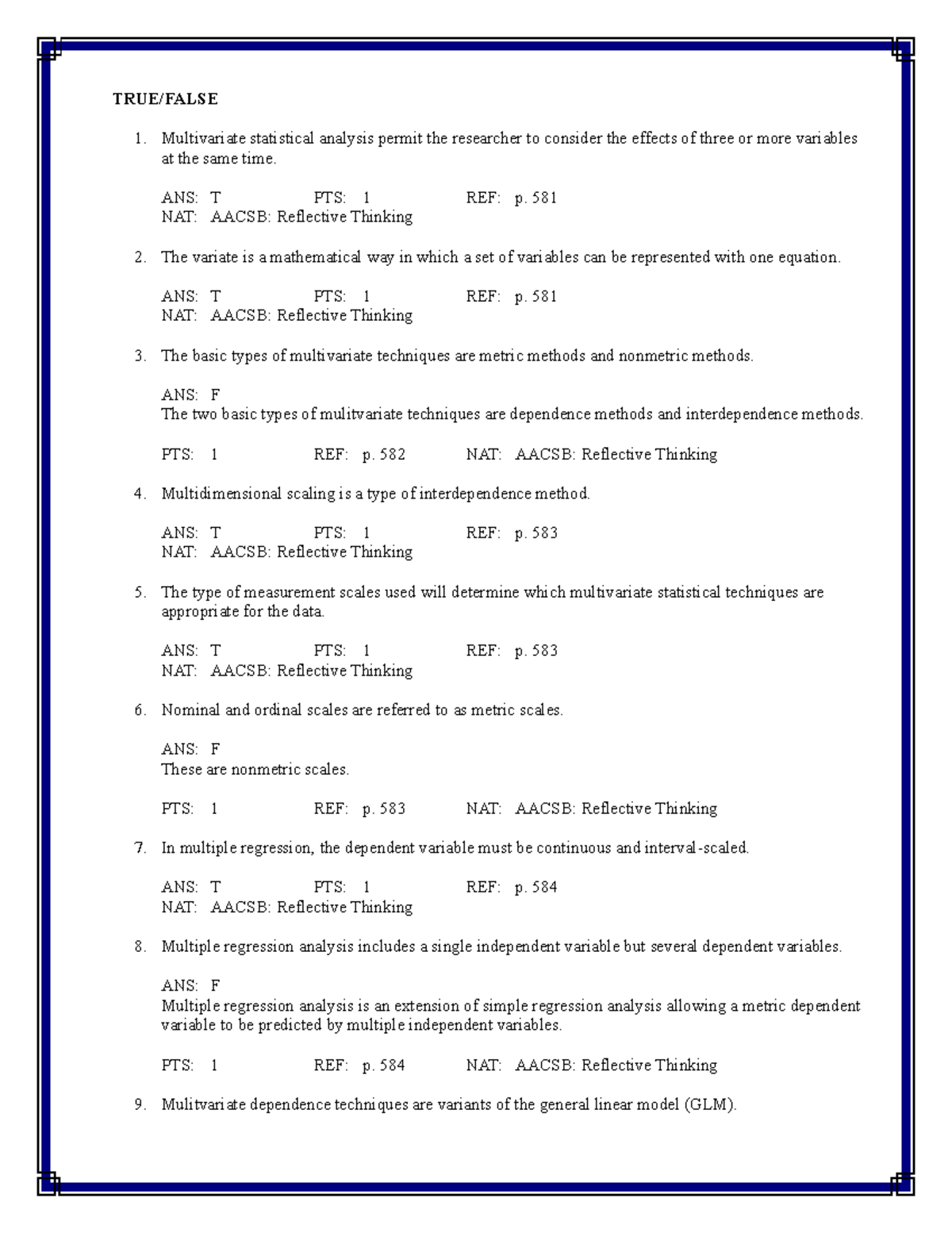 Chapter 24—Multivariate Statistical Analysis-True and False - TRUE/FALSE Multivariate ...