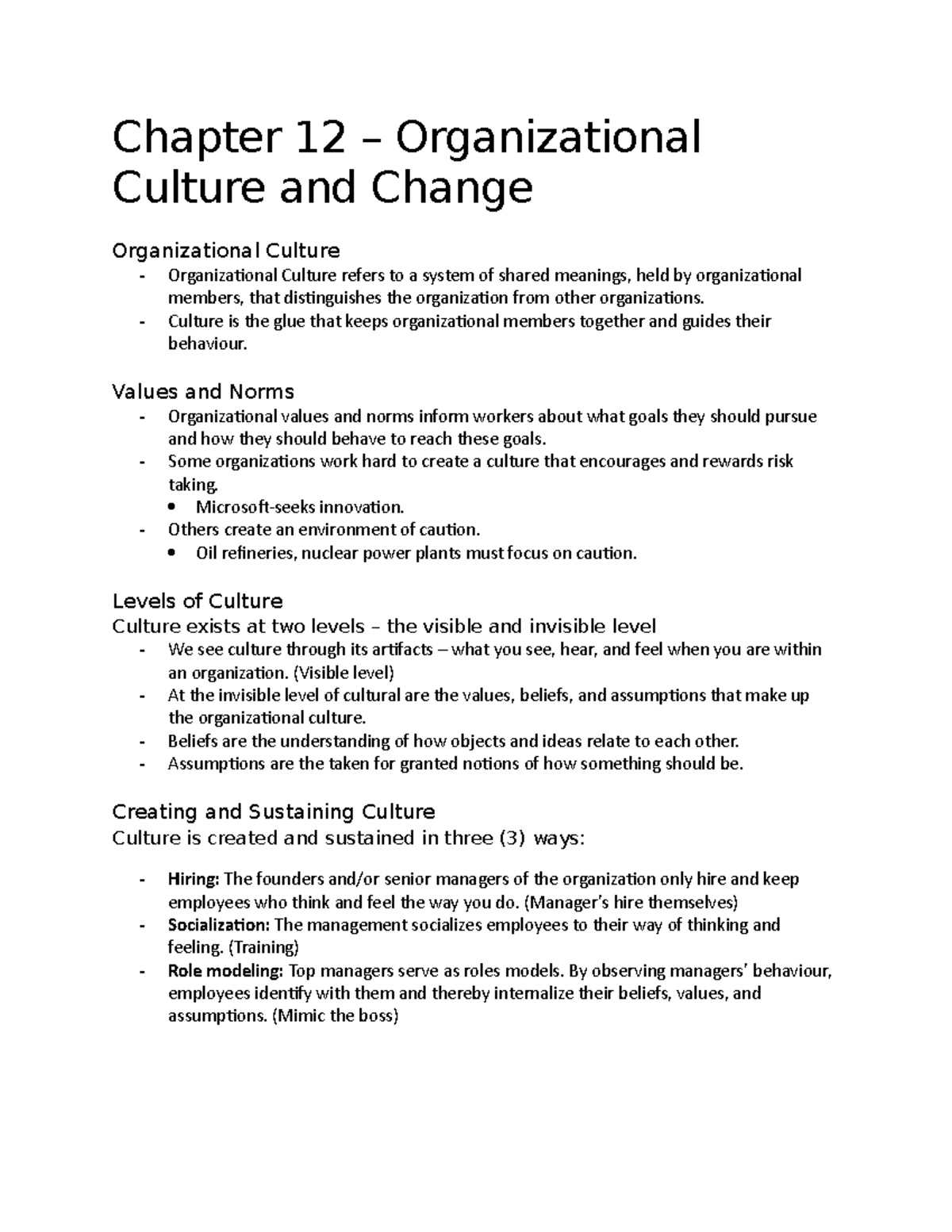 Chapter 12 - Organizational Culture and Change - Chapter 12 ...