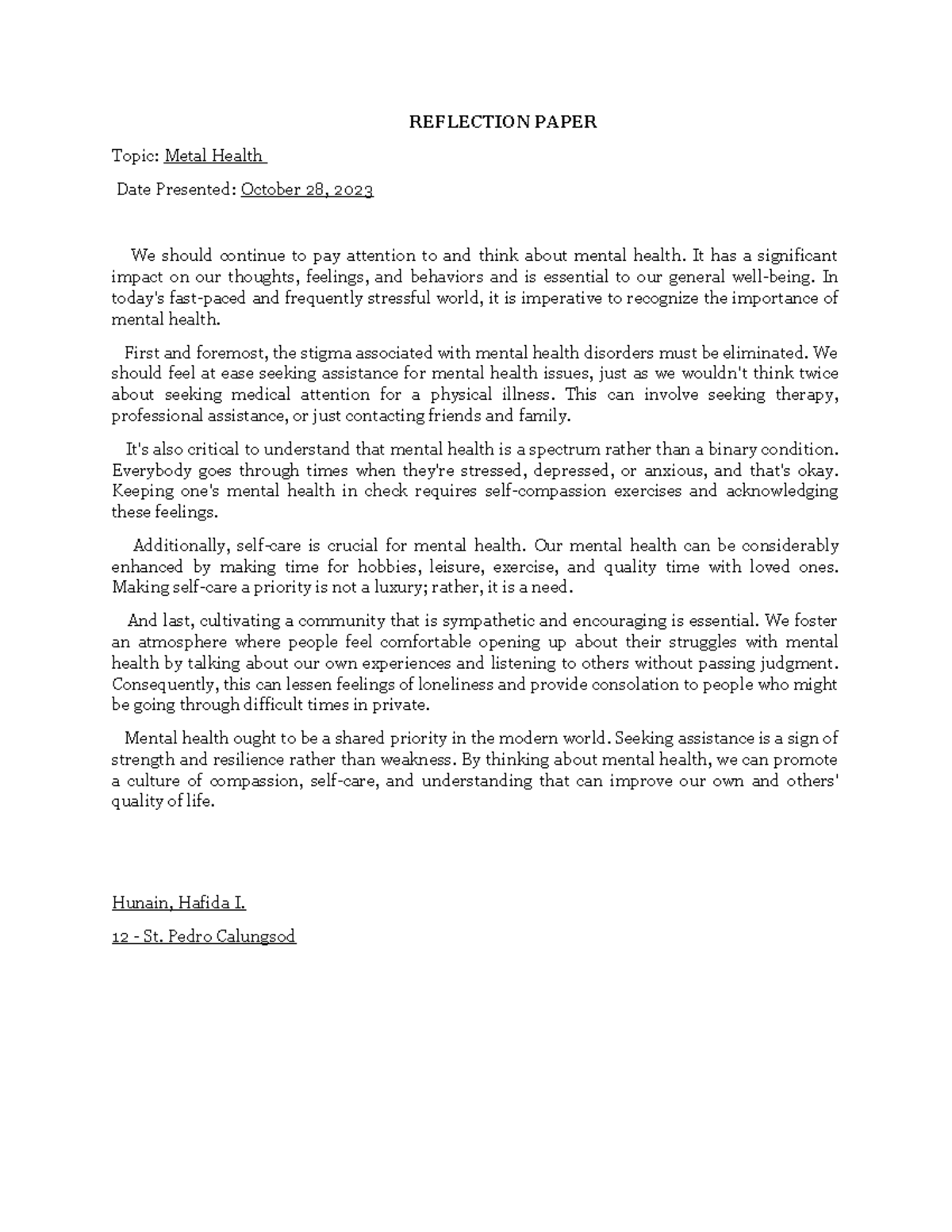 Reflection on mental health - REFLECTION PAPER Topic: Metal Health Date ...