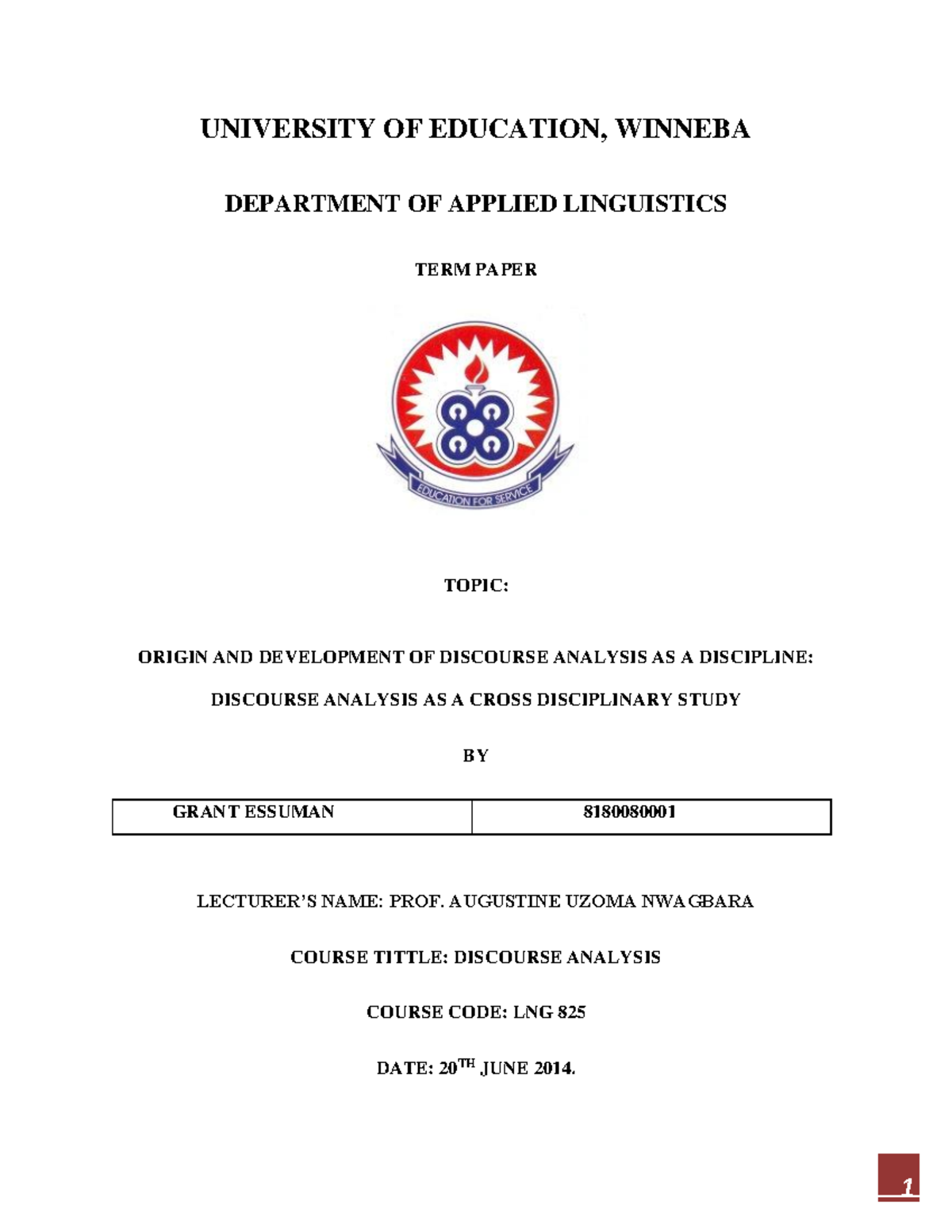 Origin AND Development OF Discourse ANAL - UNIVERSITY OF EDUCATION ...