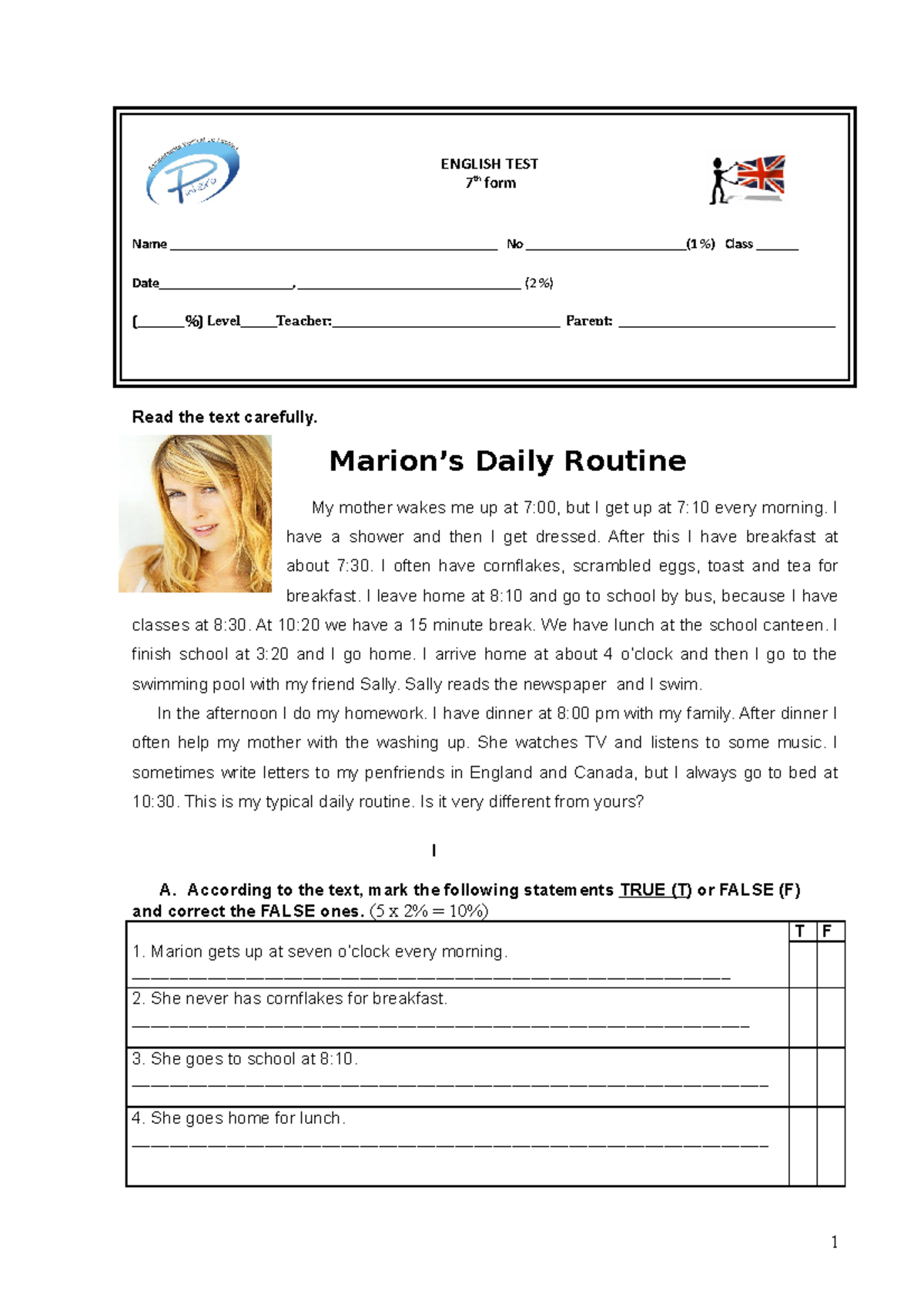 Daily-routine - INGLES - ENGLISH TEST 7 th form Name