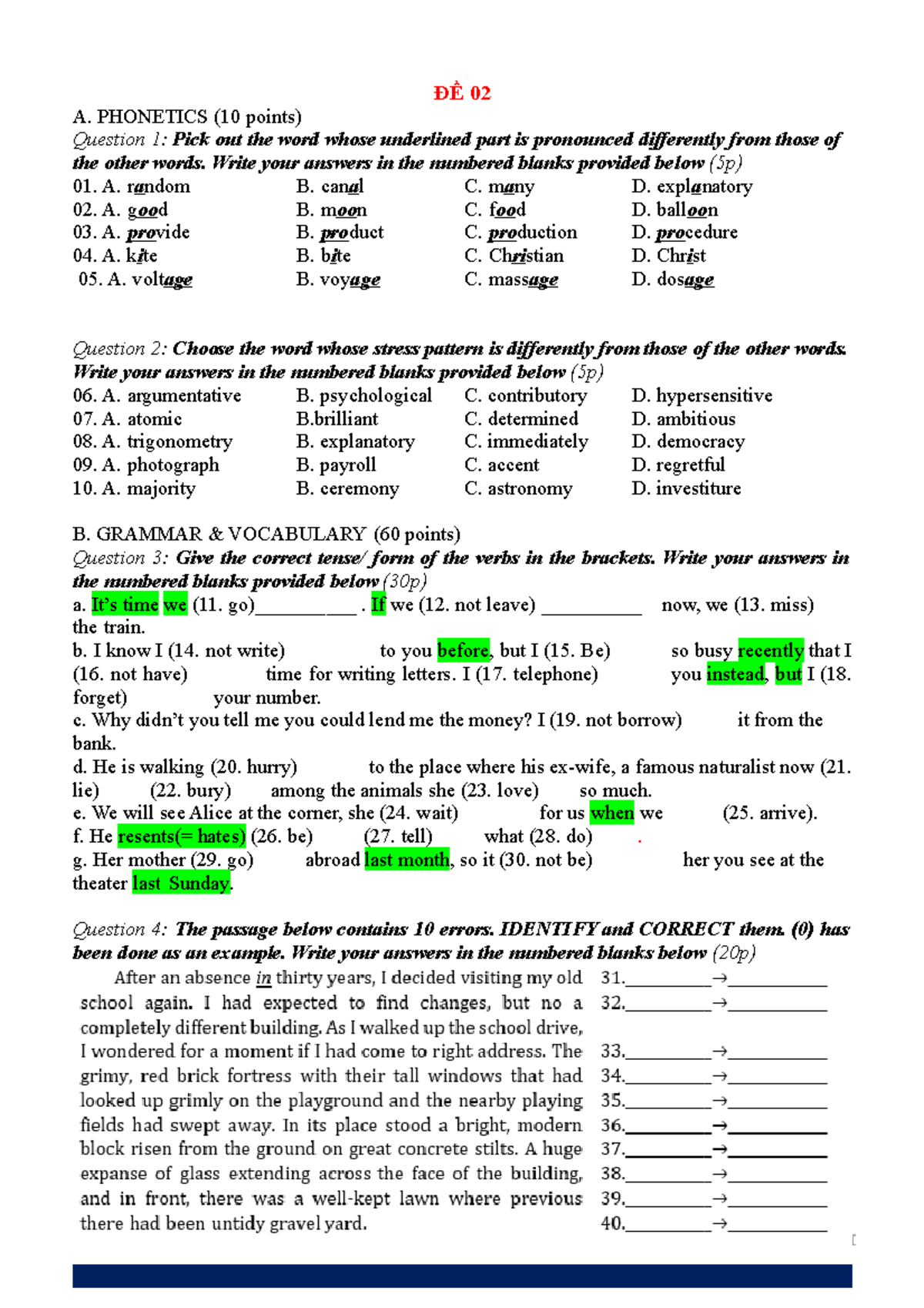 ĐỀ 02 keys - Practical test - ĐỀ 02 A. PHONETICS (10 points) Question 1 ...
