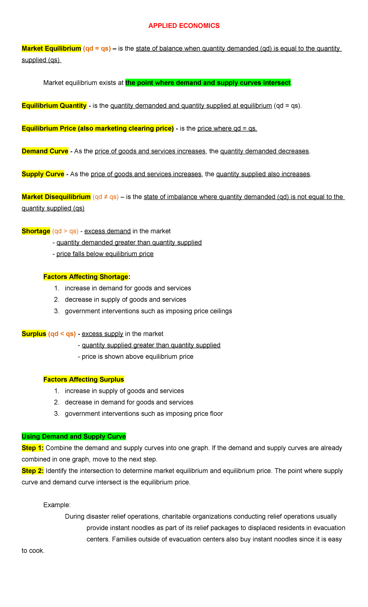 ECON- Reviewer 1 - APPLIED ECONOMICS Market Equilibrium (qd = qs) – is ...
