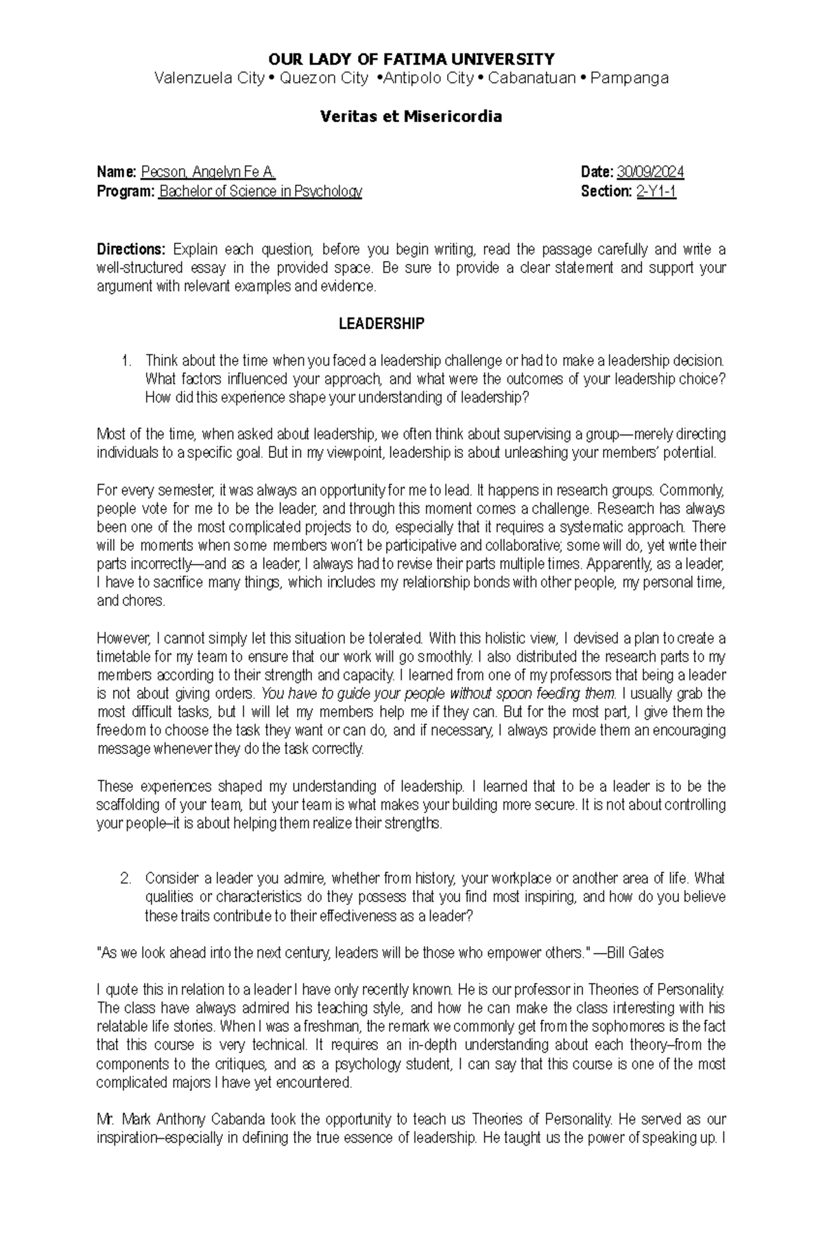 VRTS311 - Prelim Examination Essay - OUR LADY OF FATIMA UNIVERSITY ...