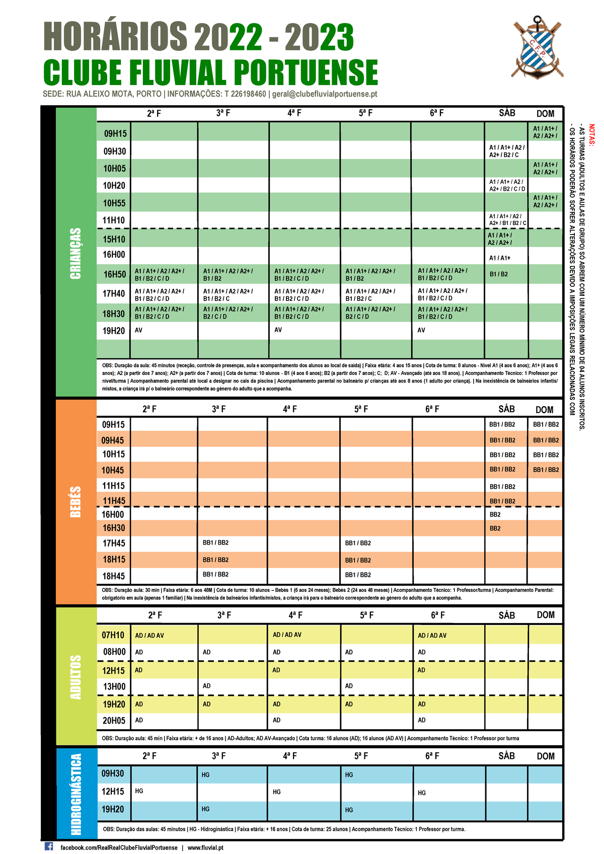Horários-2022-2023 vs11jul22 - HORÁRIOS 2022 - 2023 CLUBE FLUVIAL PORTUENSE SEDE: RUA ALEIXO ...