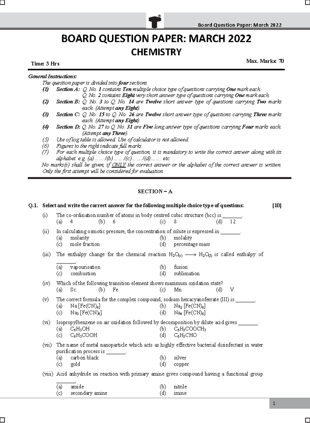 Chemistry 2022 - \ Board Question Paper: March 2022 BOARD QUESTION ...