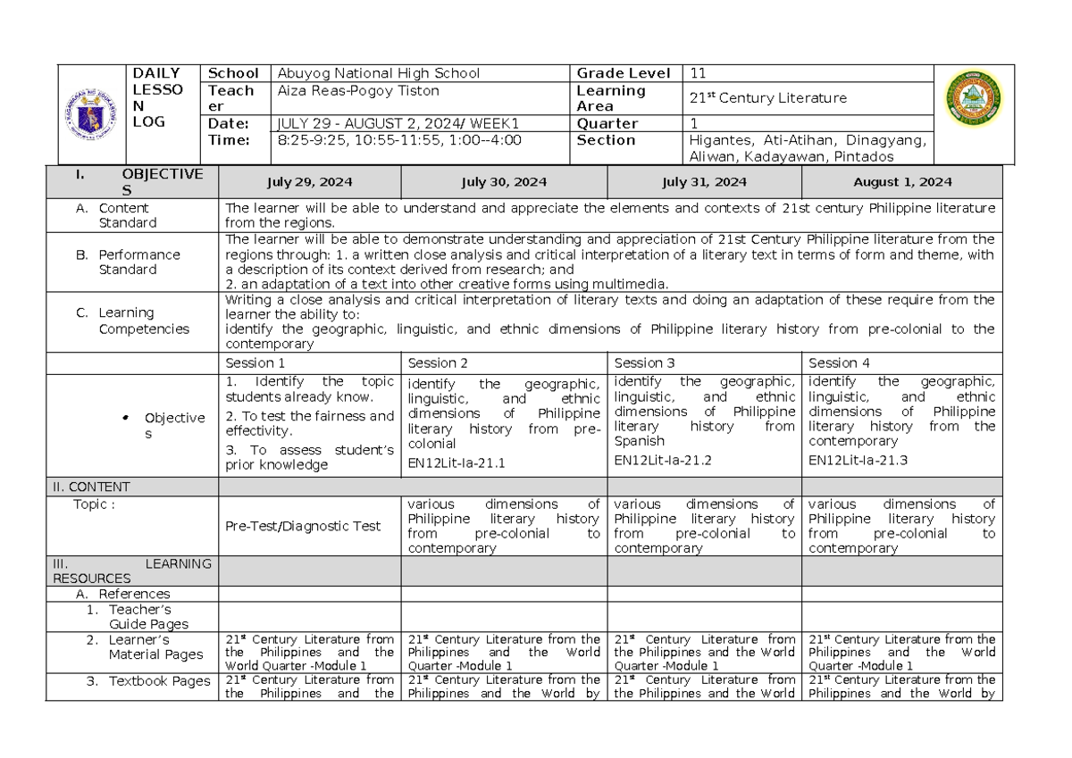 21st Weekly DLL - Week 1 - lit - DAILY LESSO N LOG School Abuyog ...