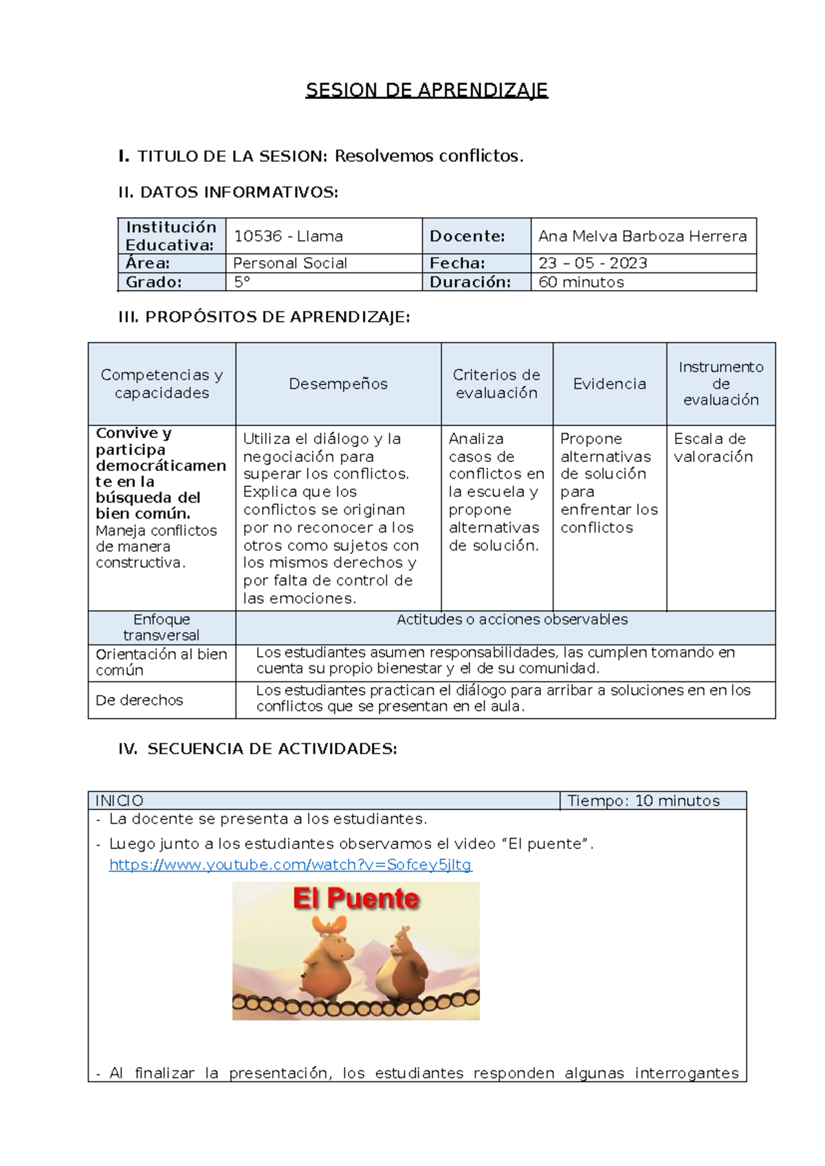Sesión Clase Modelo 5TO Grado ultima - SESION DE APRENDIZAJE I. TITULO DE LA SESION: Resolvemos ...