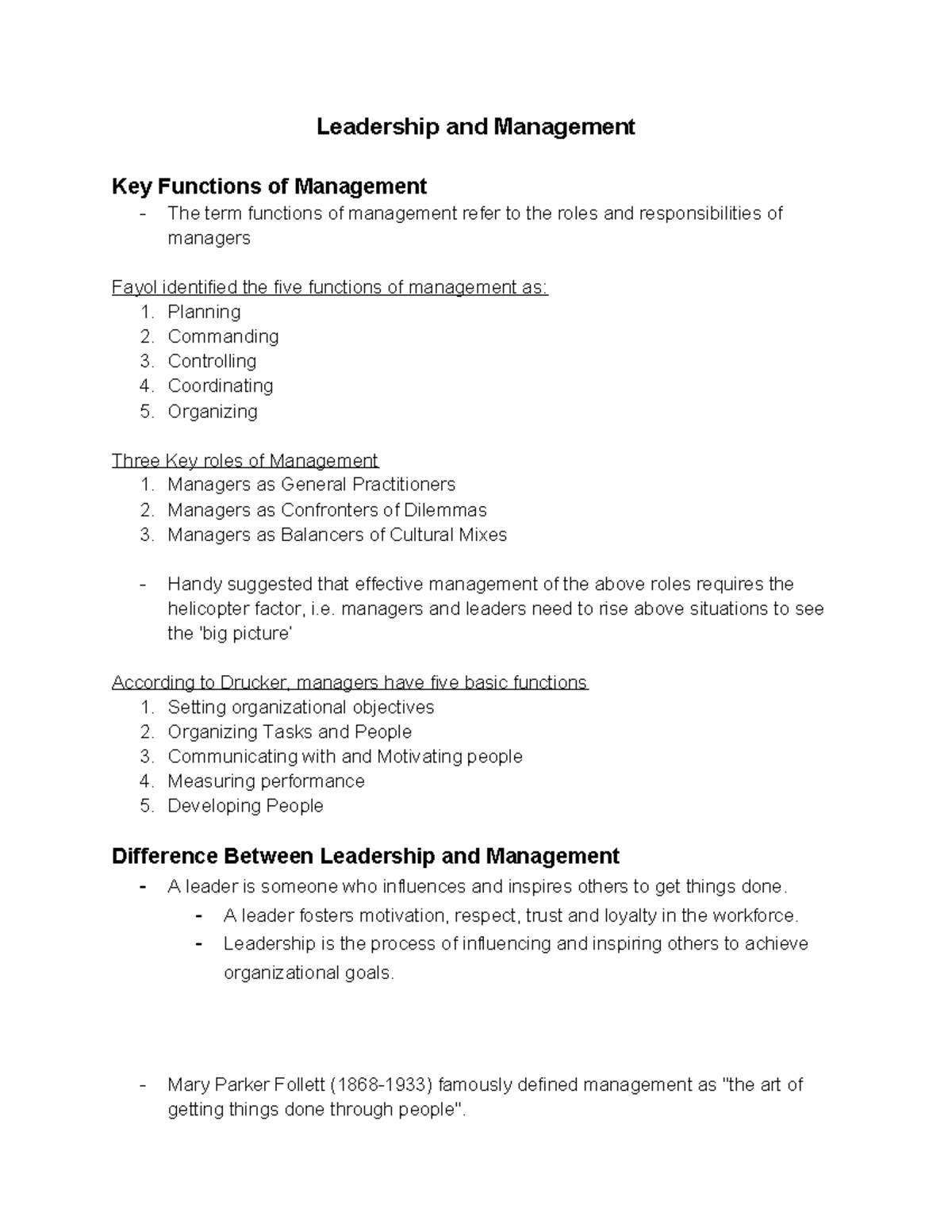 2.3 Notes Leadership and Management - Leadership and Management Key ...