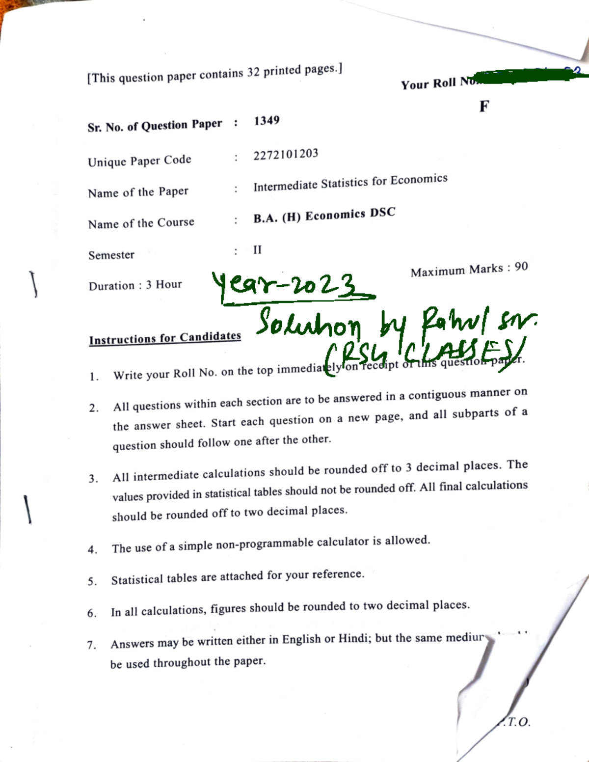 Intermediate stats paper solution-2023 - [This question paper contains ...