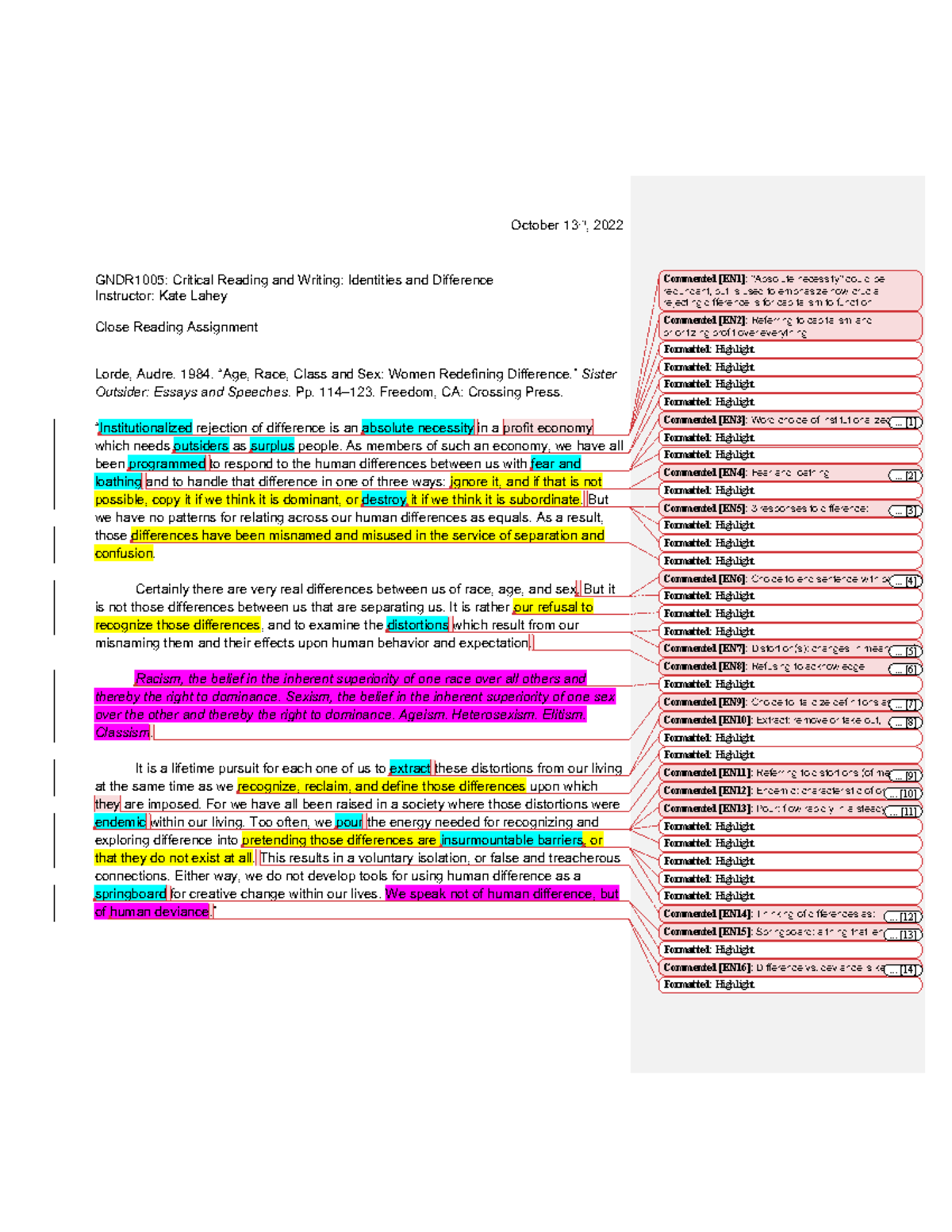 Close Reading Sample - assignment - October 13th, 2022 GNDR1005 ...