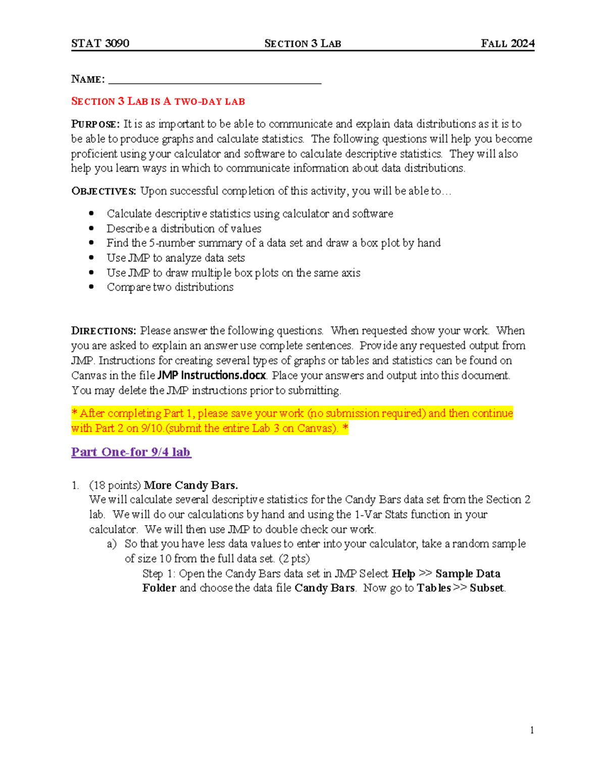 Section 3 Lab Document - stat - NAME: SECTION 3 LAB IS A TWO-DAY LAB ...