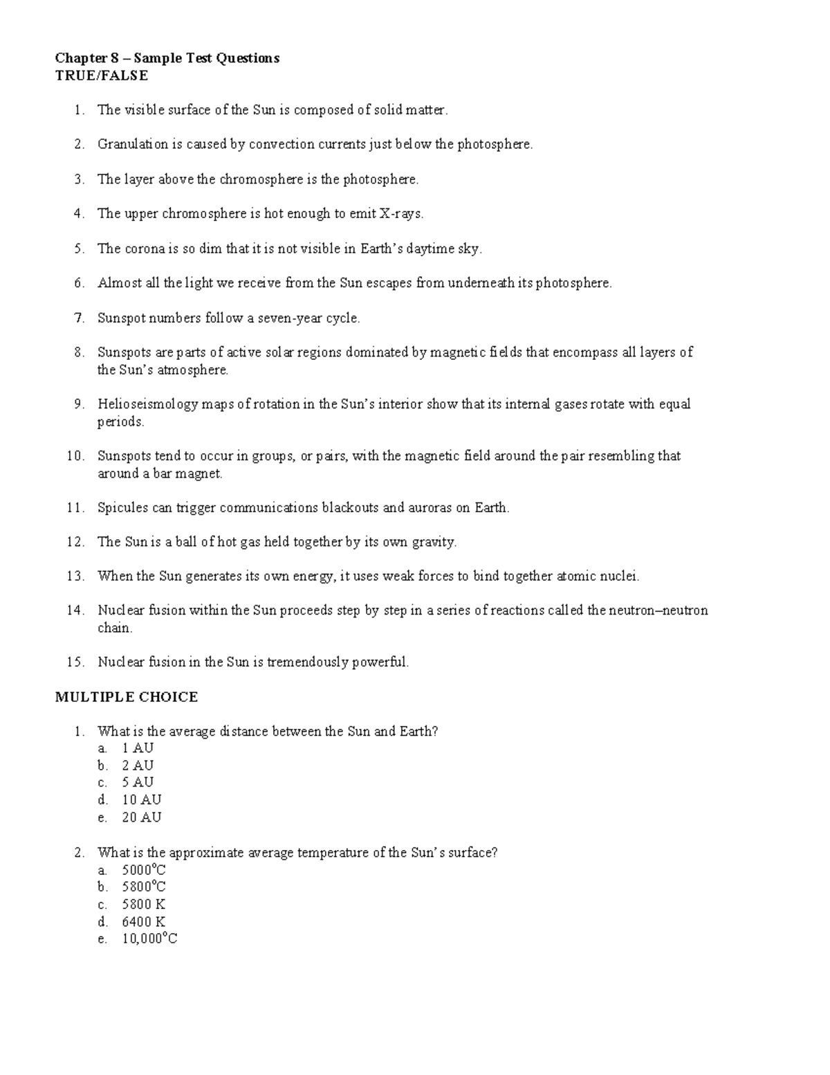 Chapter 8 – The Sun - Sample Test Questions - Chapter 8 – Sample Test ...