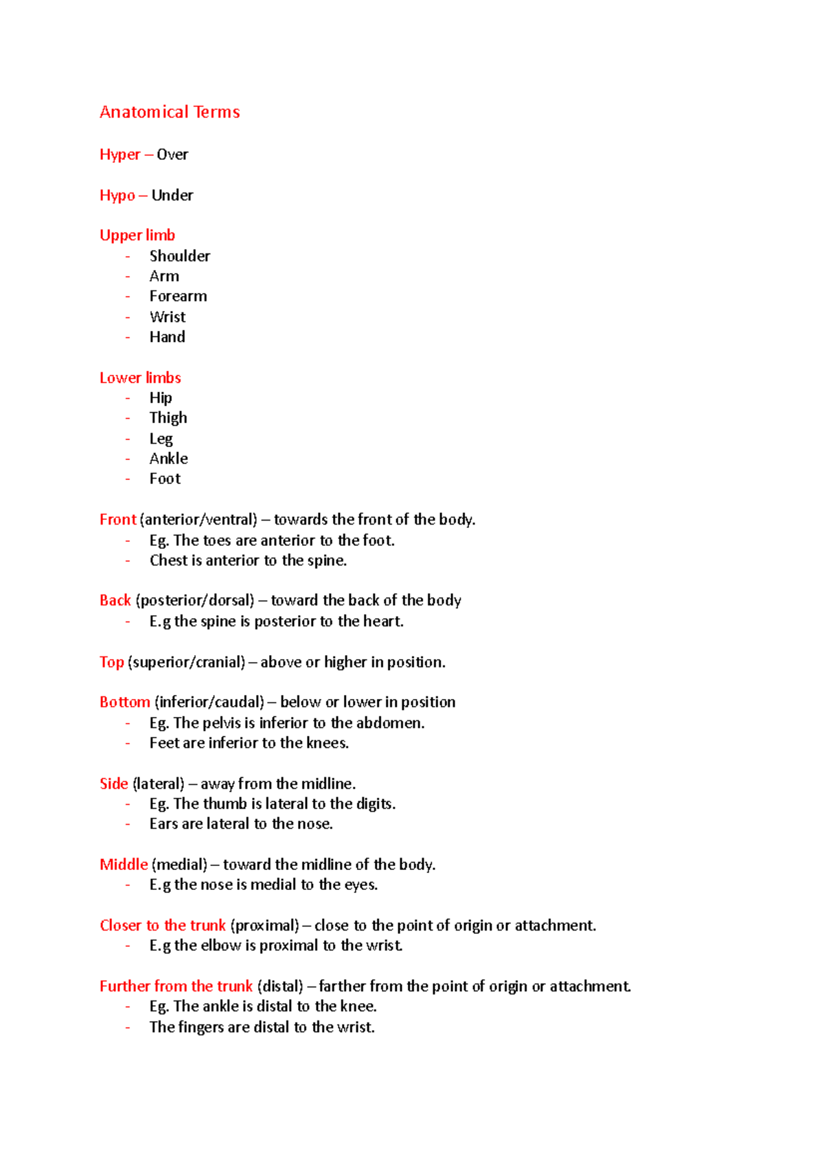 Anatomical Terminology - Anatomical Terms Hyper – Over Hypo – Under ...