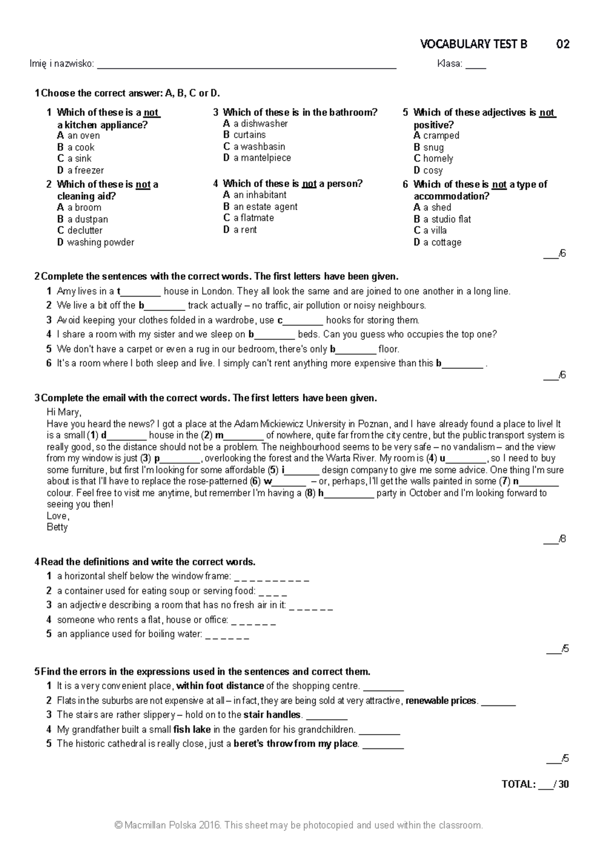 Repetytorium Vocabulary Test 2B - VOCABULARY TEST B 02 Imię i nazwisko ...
