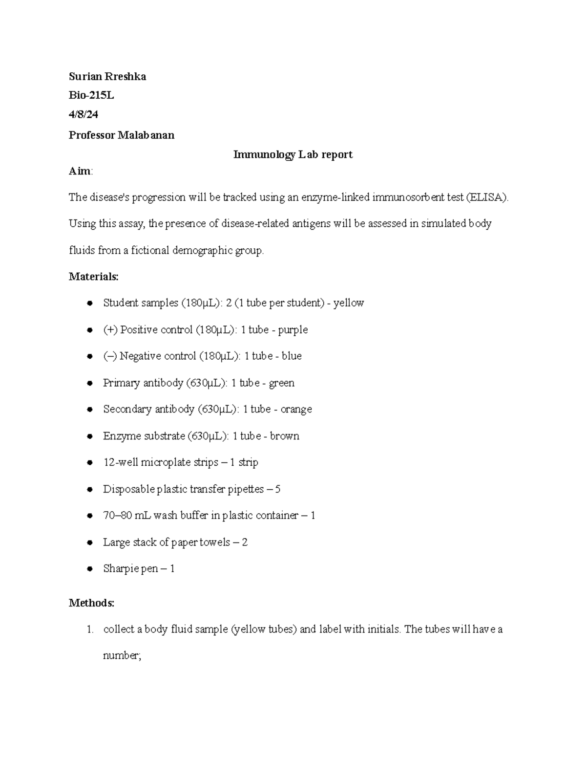 Srreshka Immunology Lab report - Surian Rreshka Bio-215L 4/8/ Professor ...