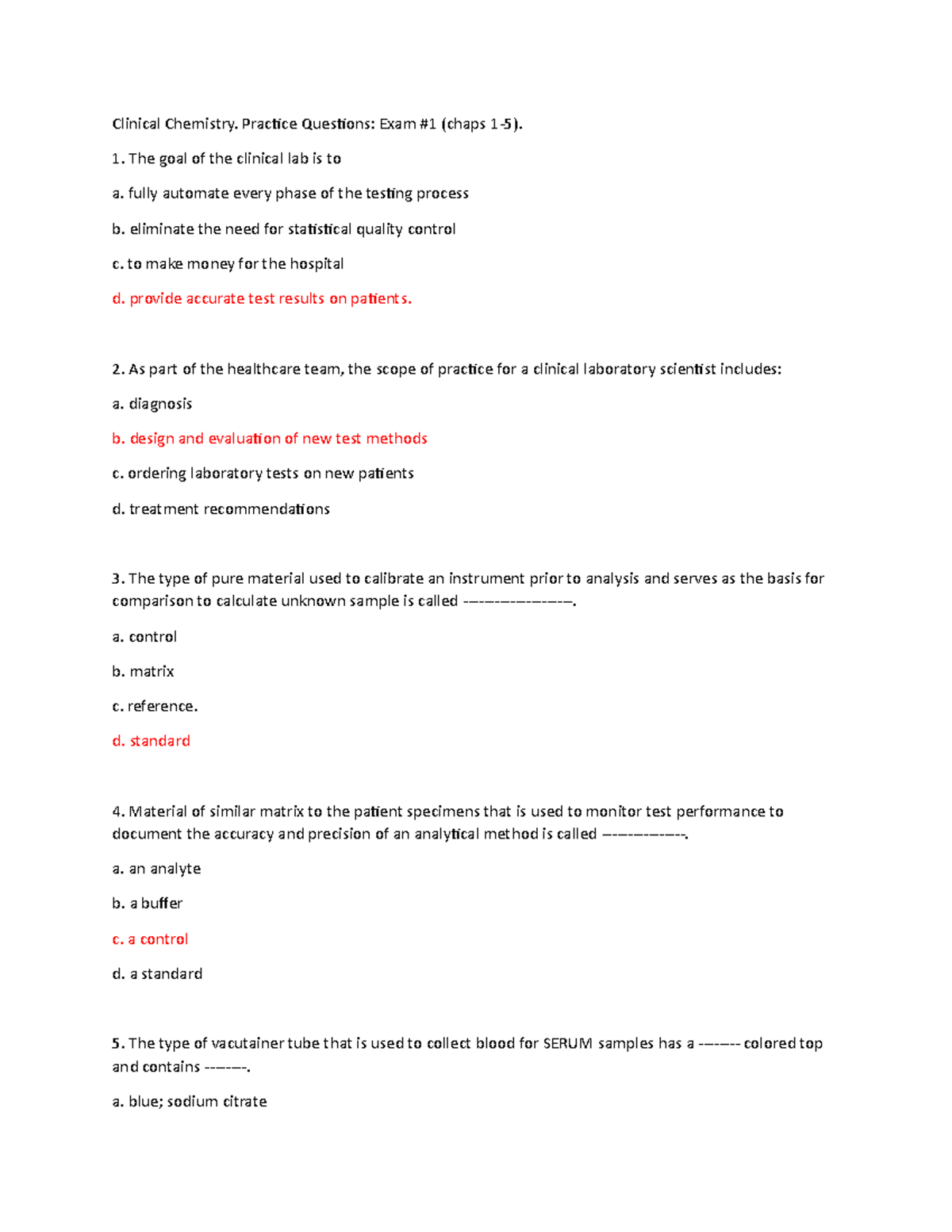 Exam #1 (chaps 1-5) Practice Questions - Clinical Chemistry. Practice ...