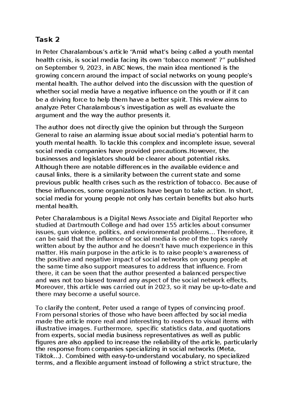 Task 2 critical reading - Task 2 In Peter Charalambous’s article “Amid what’s being called a ...