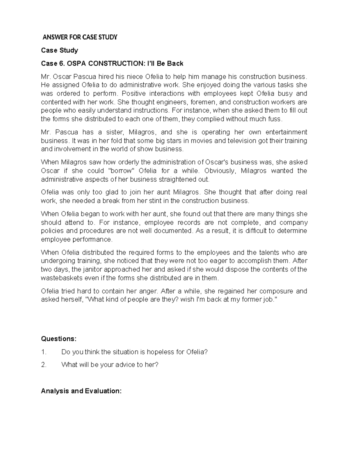 Humbeorg CASE Study - HUMAN BEHAVIOR - ANSWER FOR CASE STUDY Case Study ...