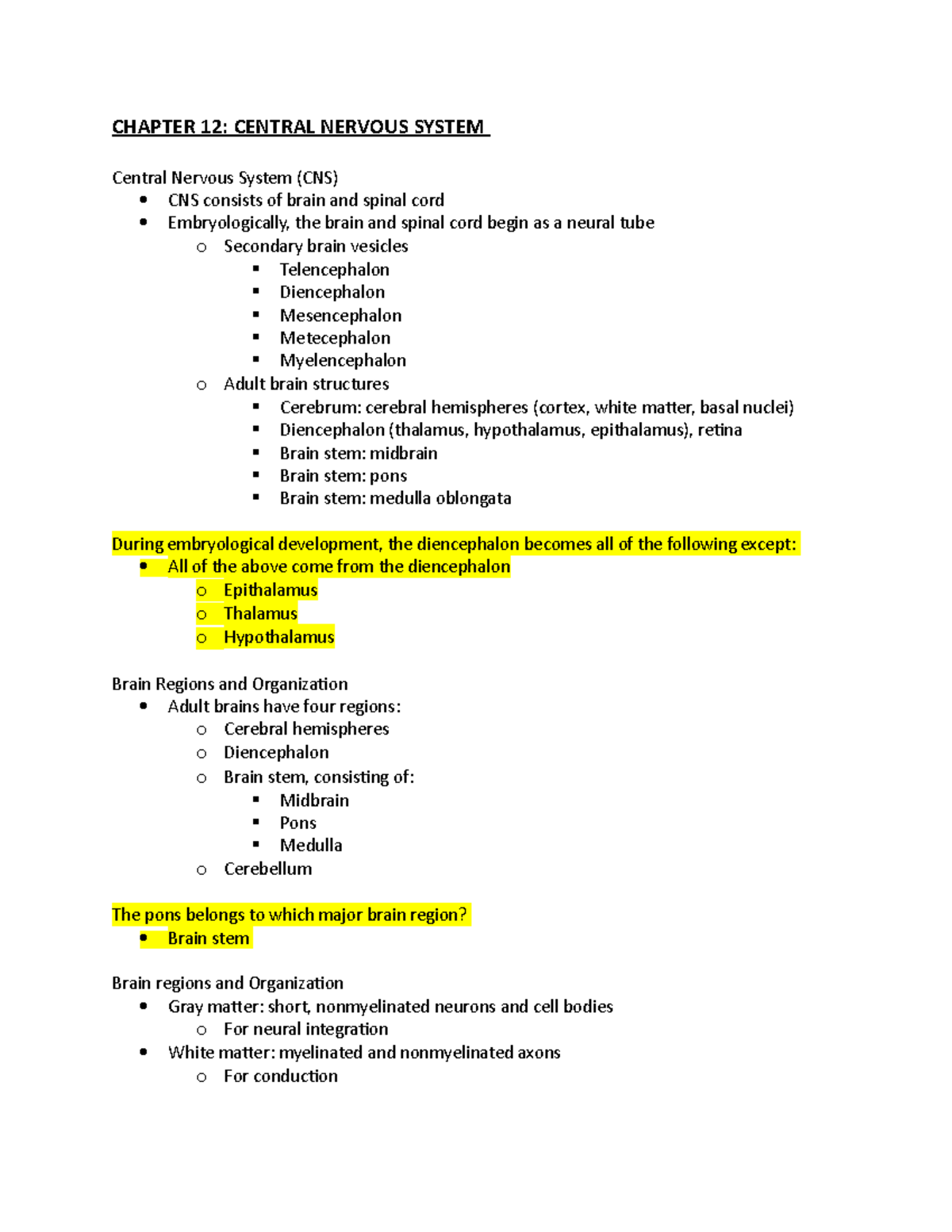 Central Nervous System - CHAPTER 12: CENTRAL NERVOUS SYSTEM Central ...