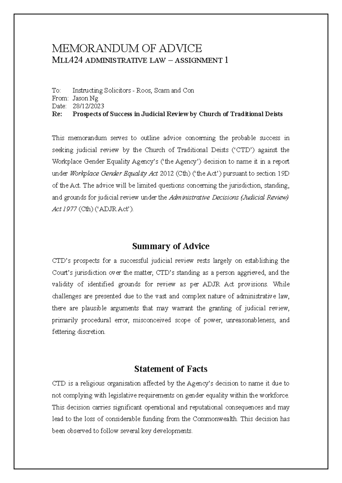 Memorandum of Advice - MEMORANDUM OF ADVICE MLL 424 ADMINISTRATIVE LAW ...