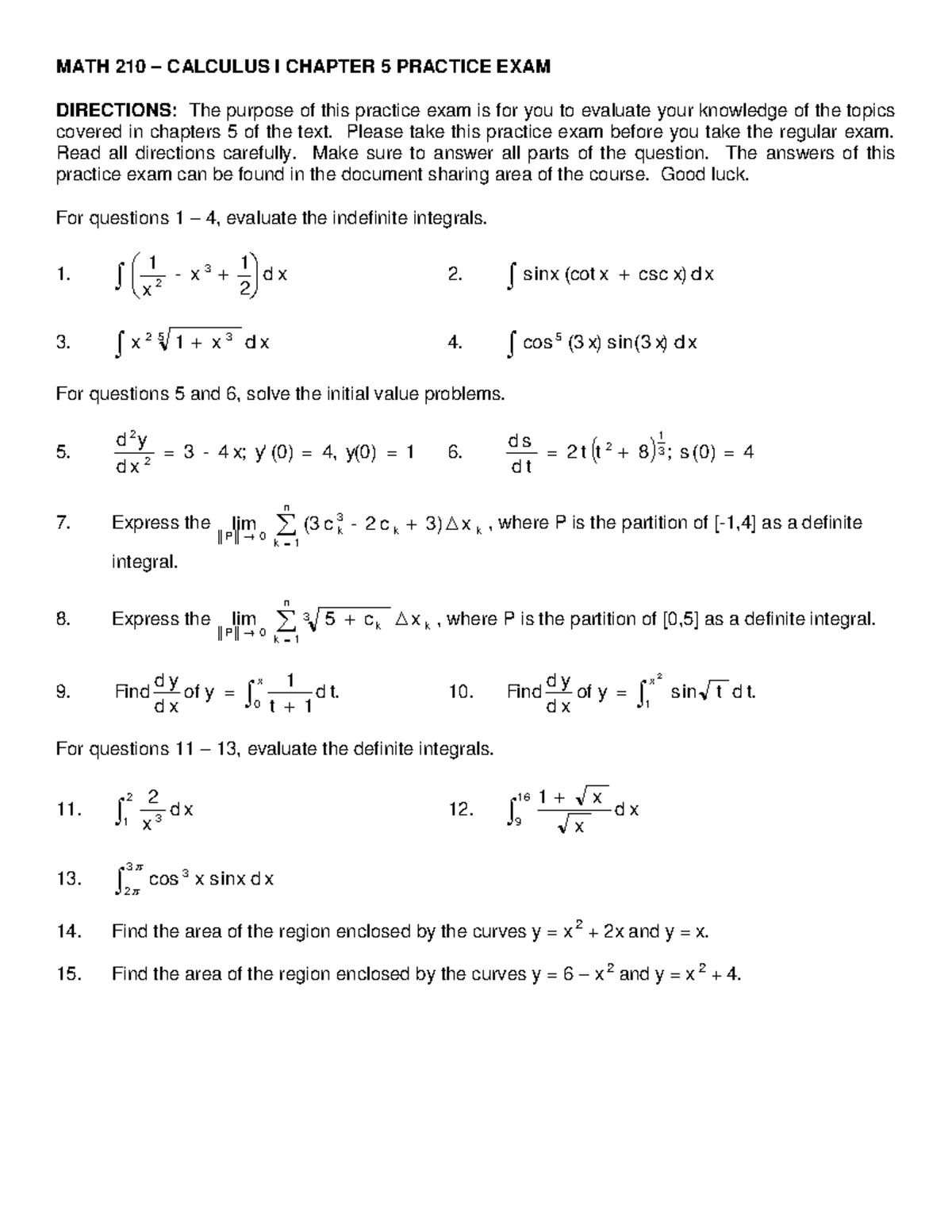 MAT 210 - Calculus I chapter 5 practice exam - MATH 210 – CALCULUS I ...