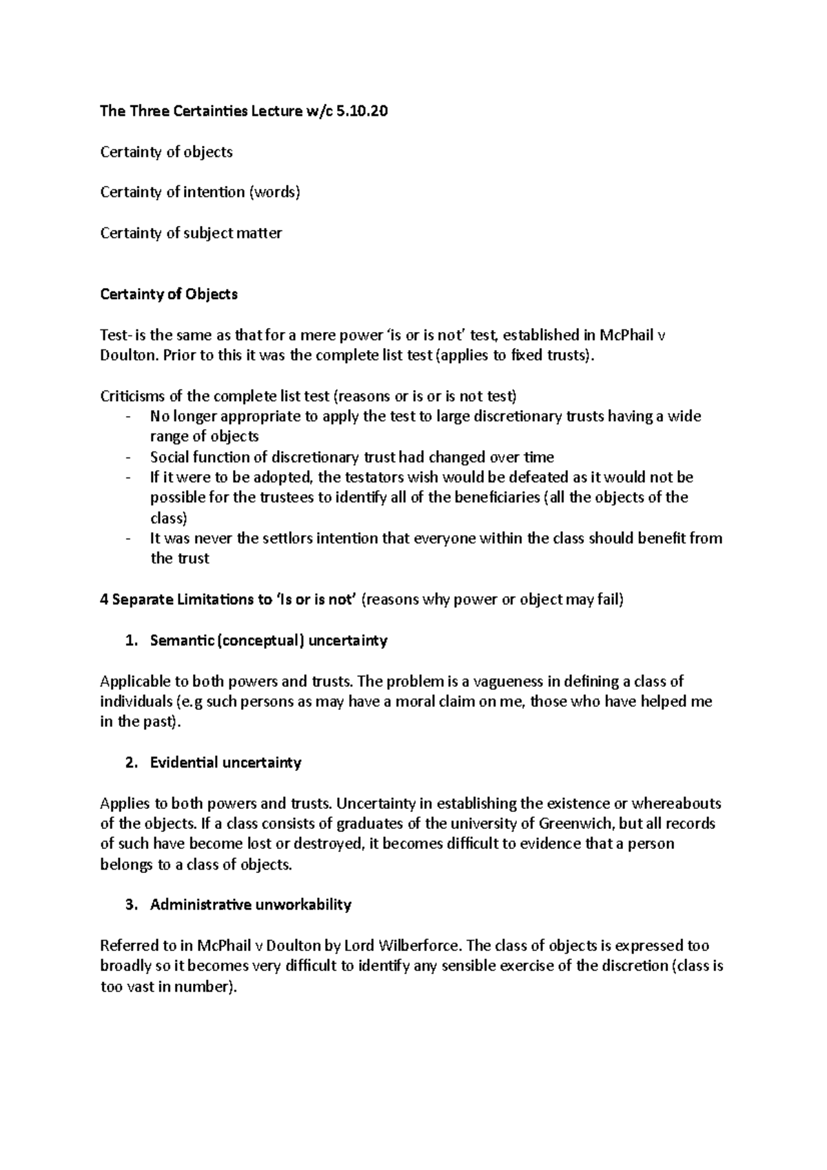 The Three Certainties LN - The Three Certainties Lecture w/c 5. Certainty of objects Certainty ...