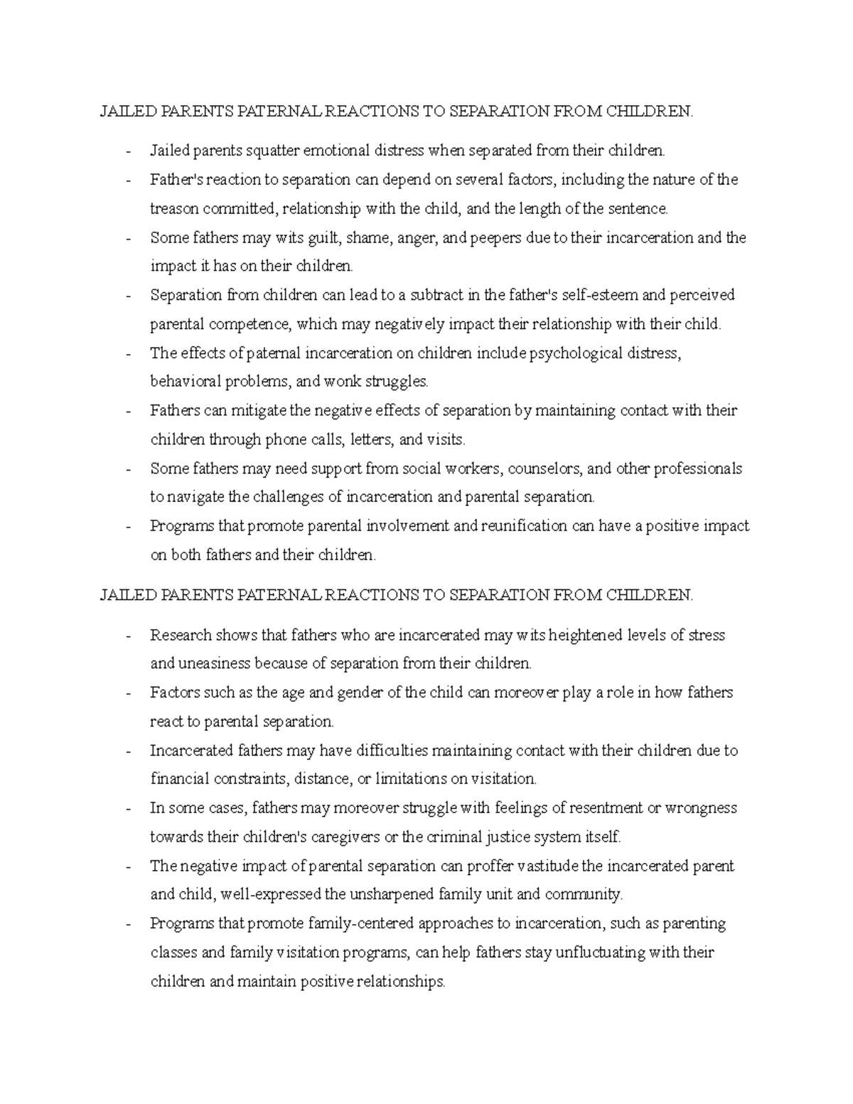 Jailed Parents Paternal Reactions TO Separation FROM Children Notes ...