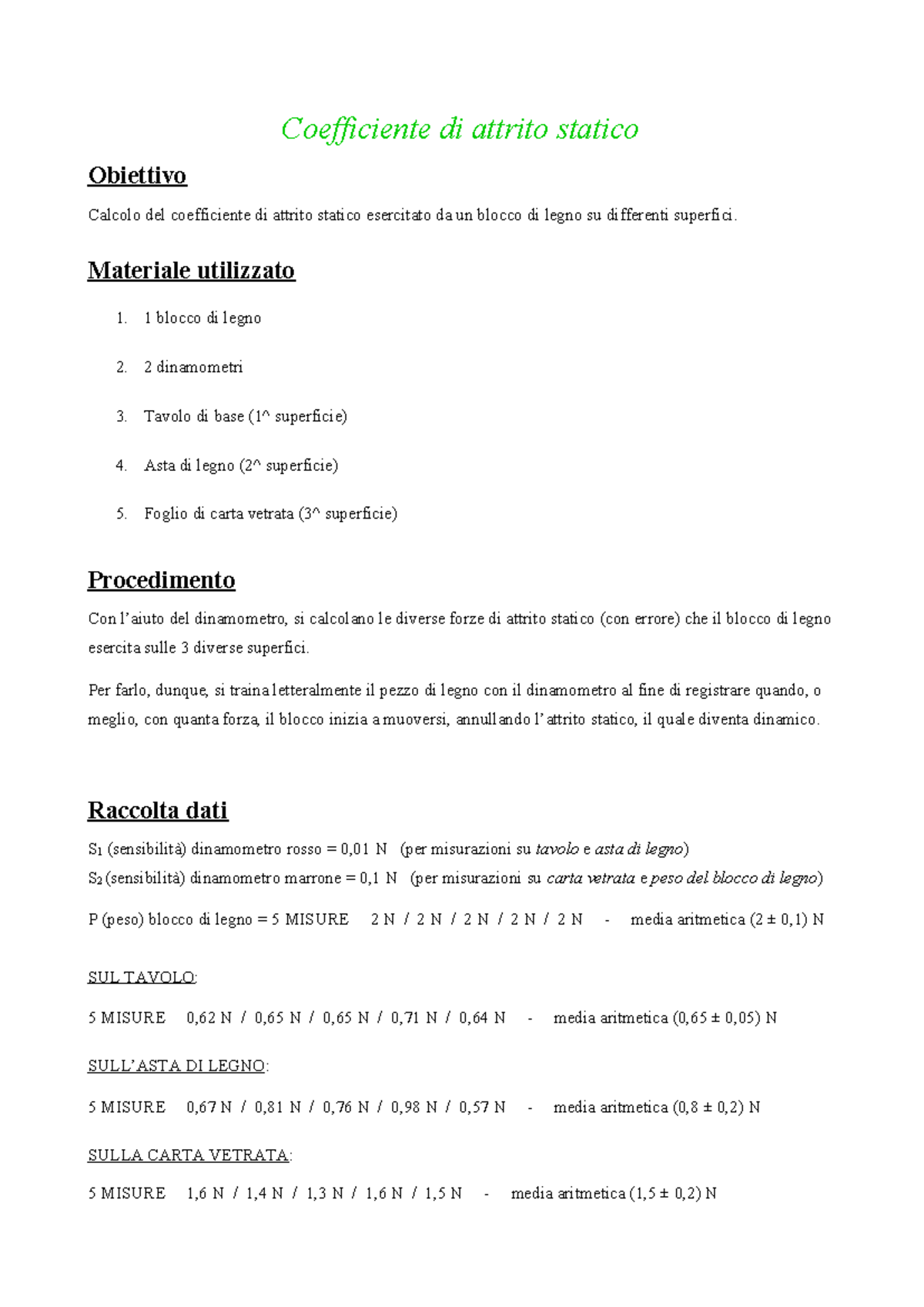 Relazione di fisica - Coefficiente di attrito statico Obiettivo Calcolo ...