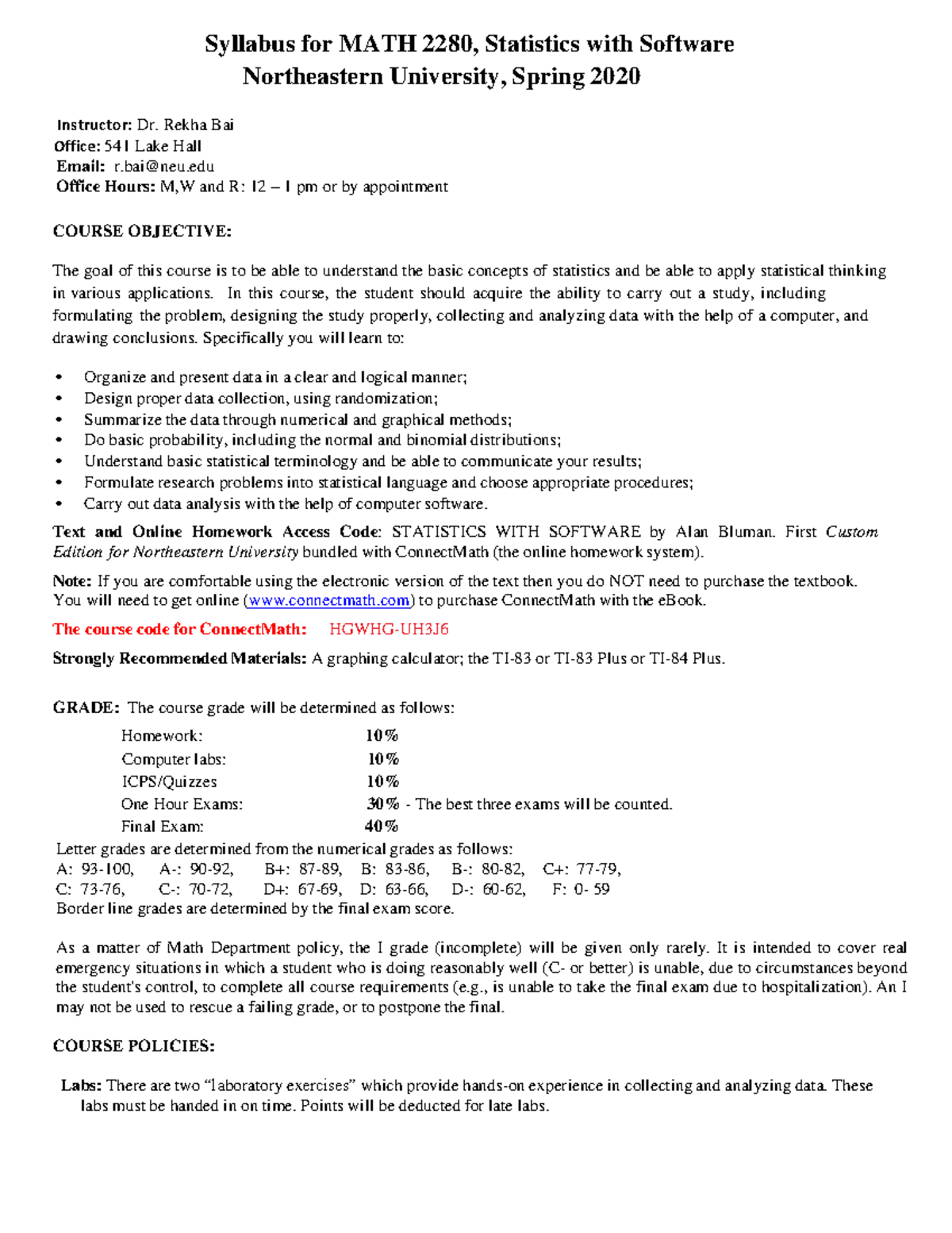 MATH 2280 Syllabus - Syllabus for MATH 2 280 , Statistics with Software ...