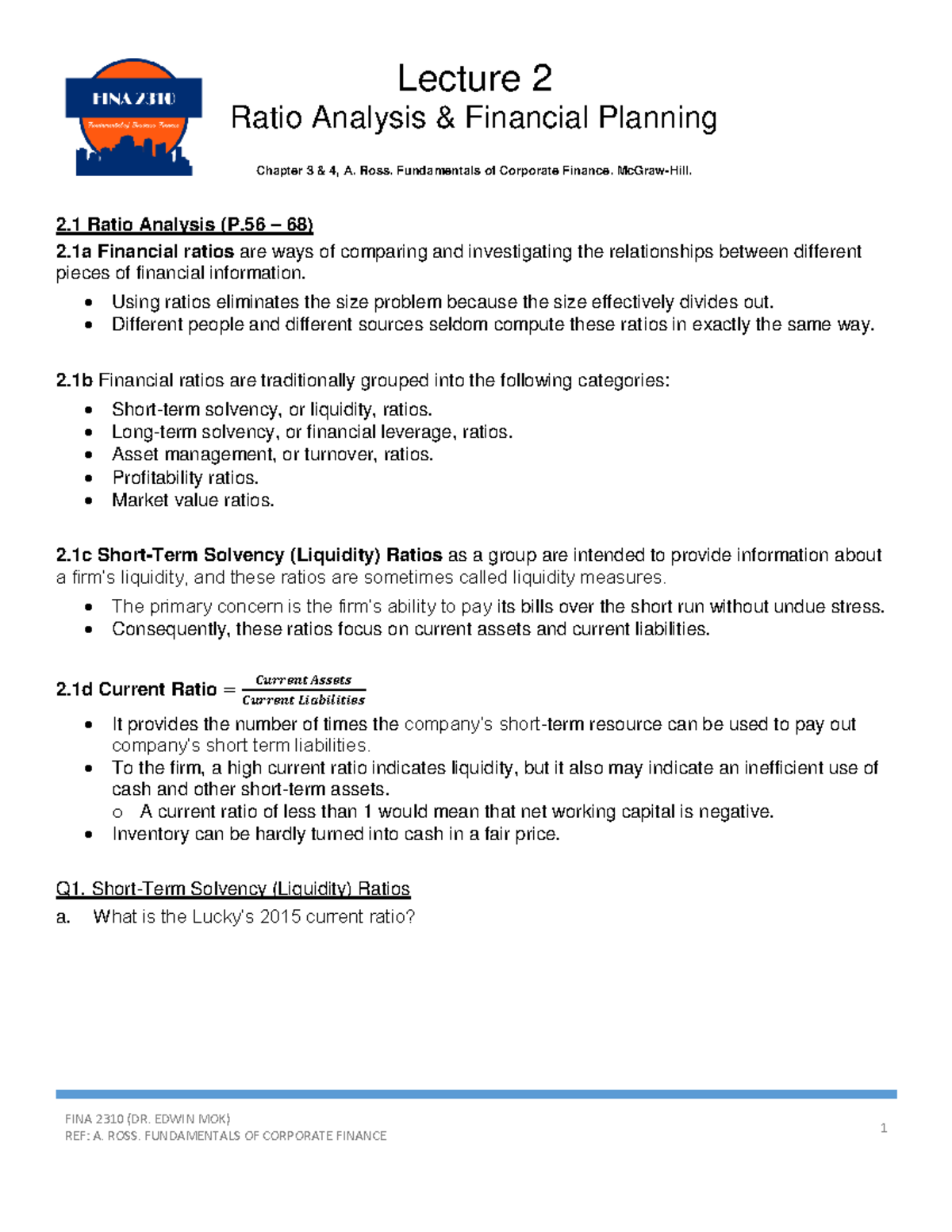 2 Handout - FINA 2310 (DR. EDWIN MOK) Lecture 2 Ratio Analysis ...