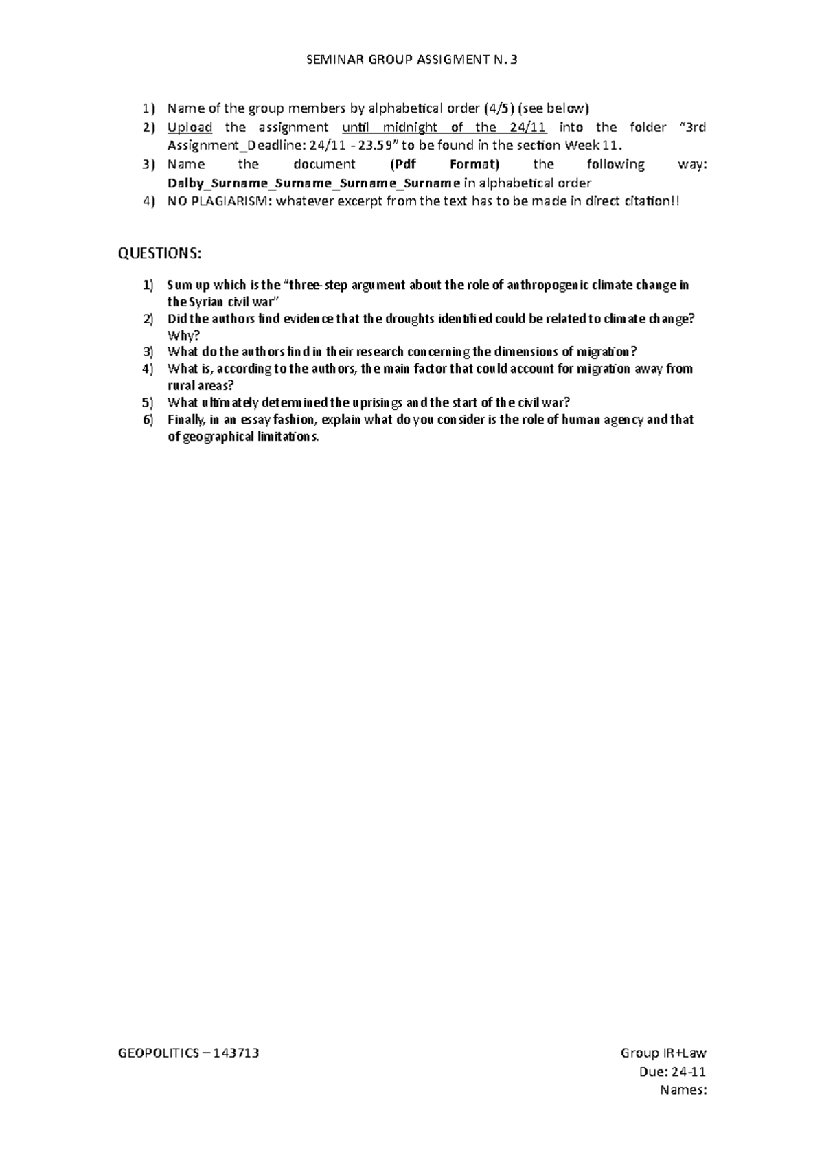 3rd Seminar Assignment IR+Law - SEMINAR GROUP ASSIGMENT N. 3 Name of ...