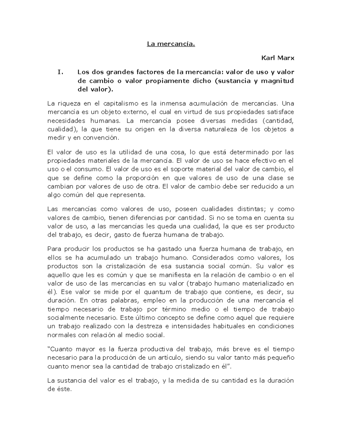 Resumen La Mercancía Marx 2016 La Mercancía Karl Marx I Los Dos