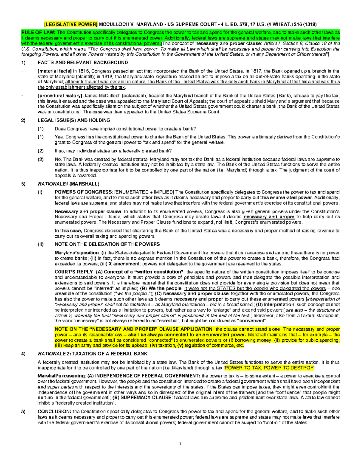 DETAILED CASE BRIEF & class notes McCulloch V. Maryland (power to ...