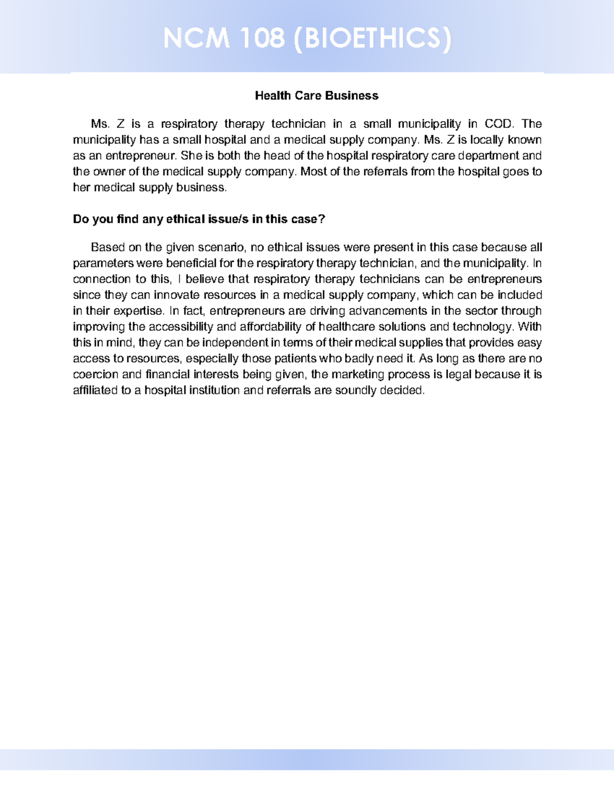 NCM 108 Health Care Business - NCM 108 (BIOETHICS) Health Care Business ...