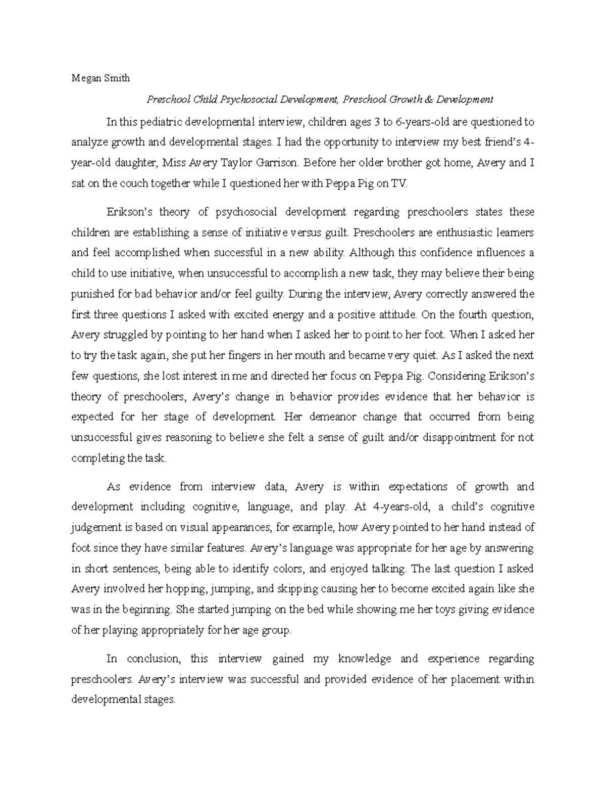 Level 3 - Pedi Interview Paper - Megan Smith Preschool Child ...
