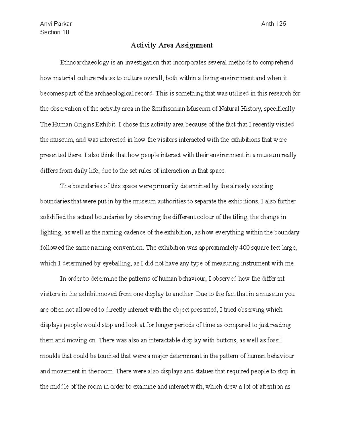 Acitivity area assignment - Anvi Parkar Anth 125 Section 10 Activity ...