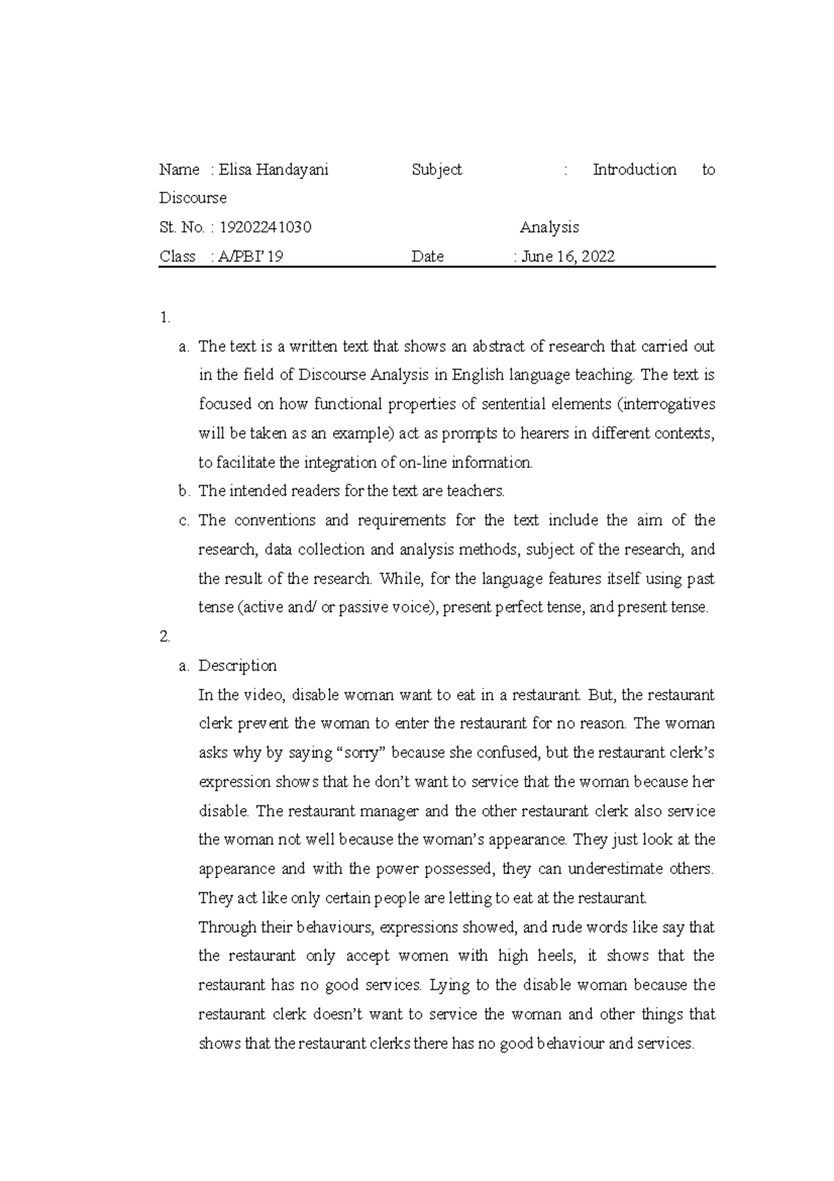 Final Test of Discourse Analysis - Name : Elisa Handayani Subject ...
