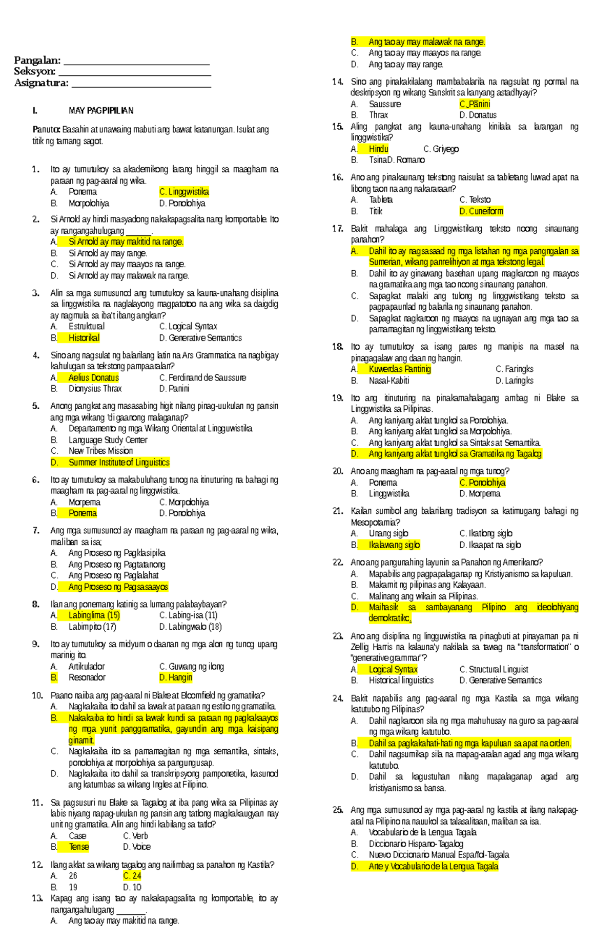 FIL-3- Reviewer - Pangalan: _______________________ Seksyon ...